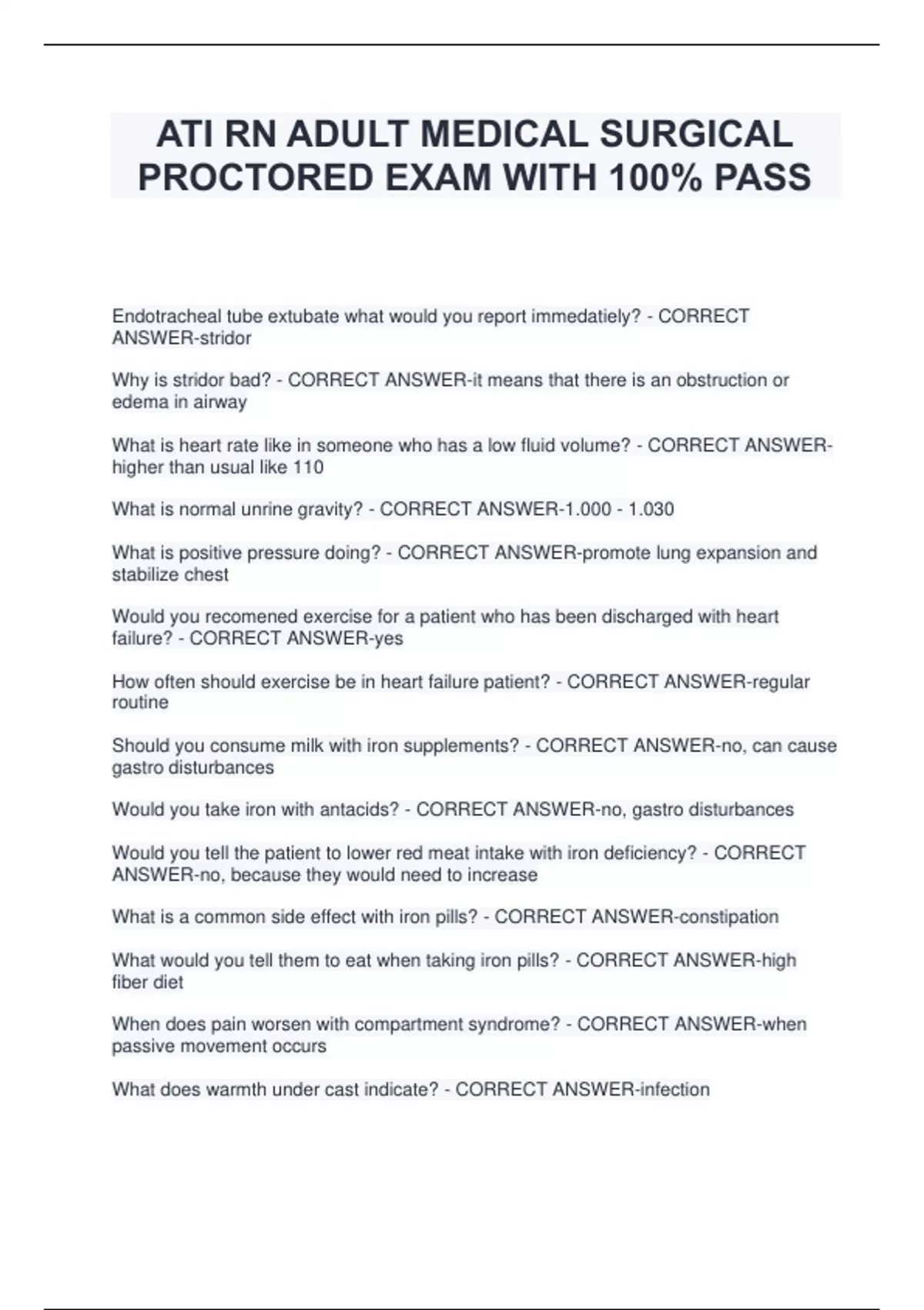 ATI RN ADULT MEDICAL SURGICAL PROCTORED EXAM WITH 100% PASS - Medical ...