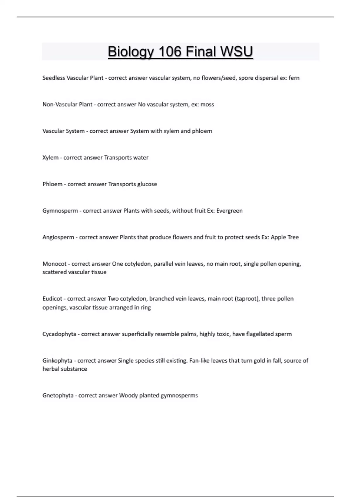 Biology 106 Final WSU Questions and answers latest update 2024 - WSU ...