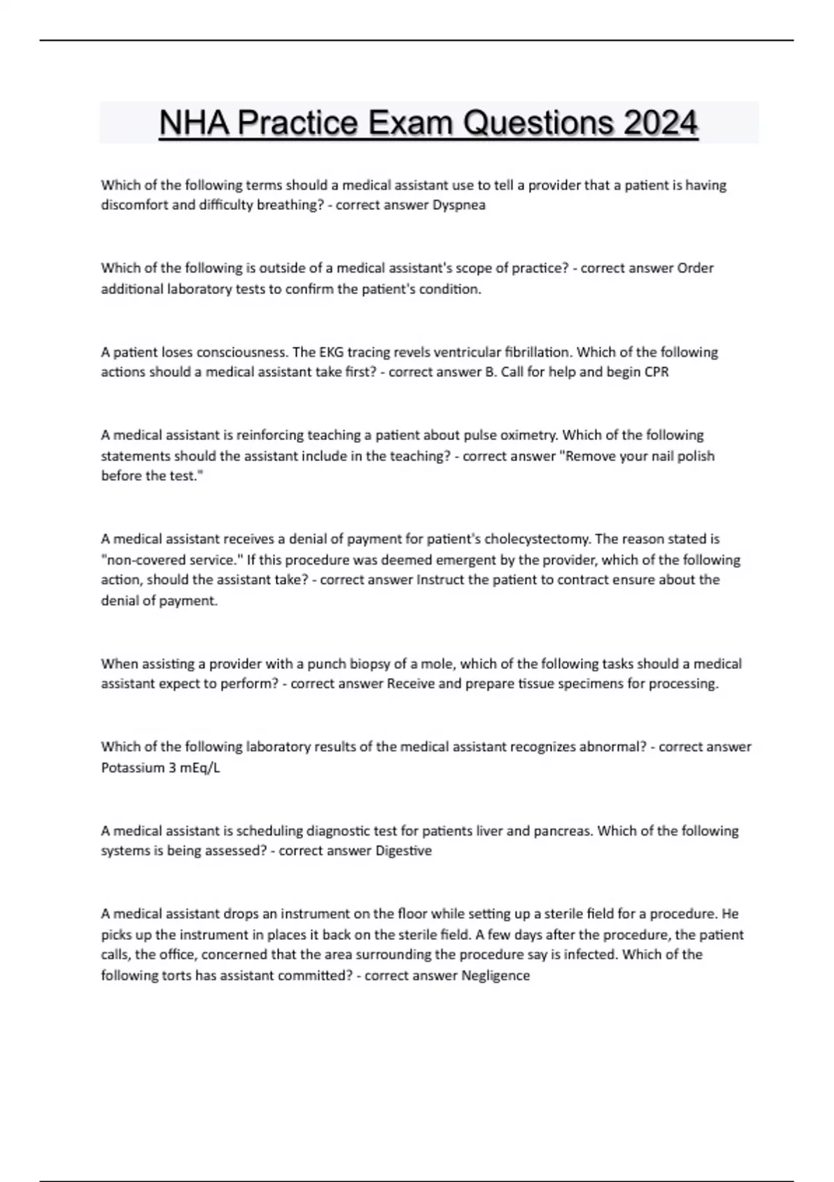 NHA Practice Exam Questions 2024 Questions and answers latest update ...