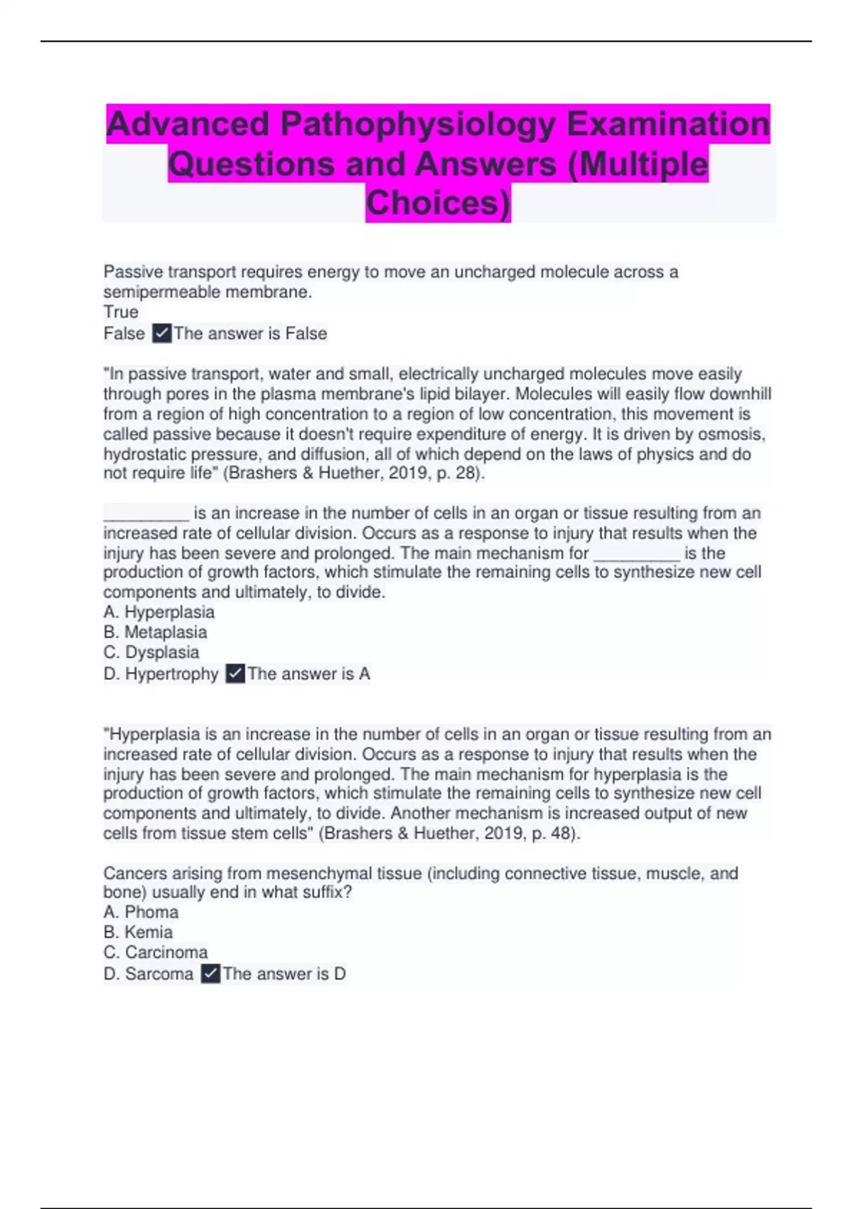 Advanced Pathophysiology Examination Questions and Answers (Multiple ...