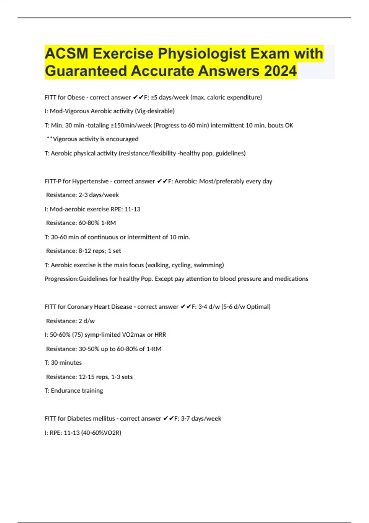 ACSM Exercise Physiologist Exam with Guaranteed Accurate Answers 2024 ...