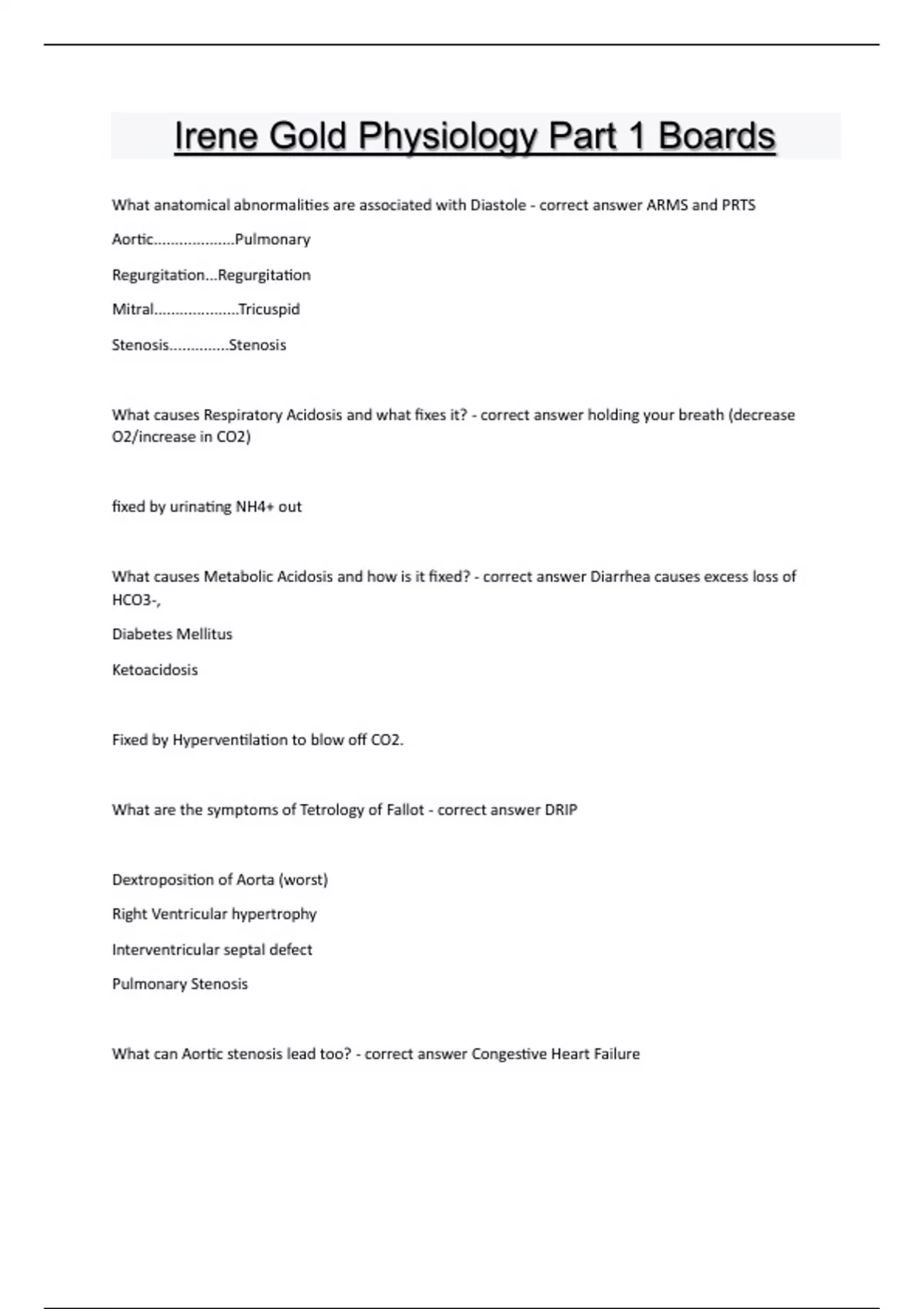 Irene Gold Physiology Part 1 Boards Questions and answers latest update ...