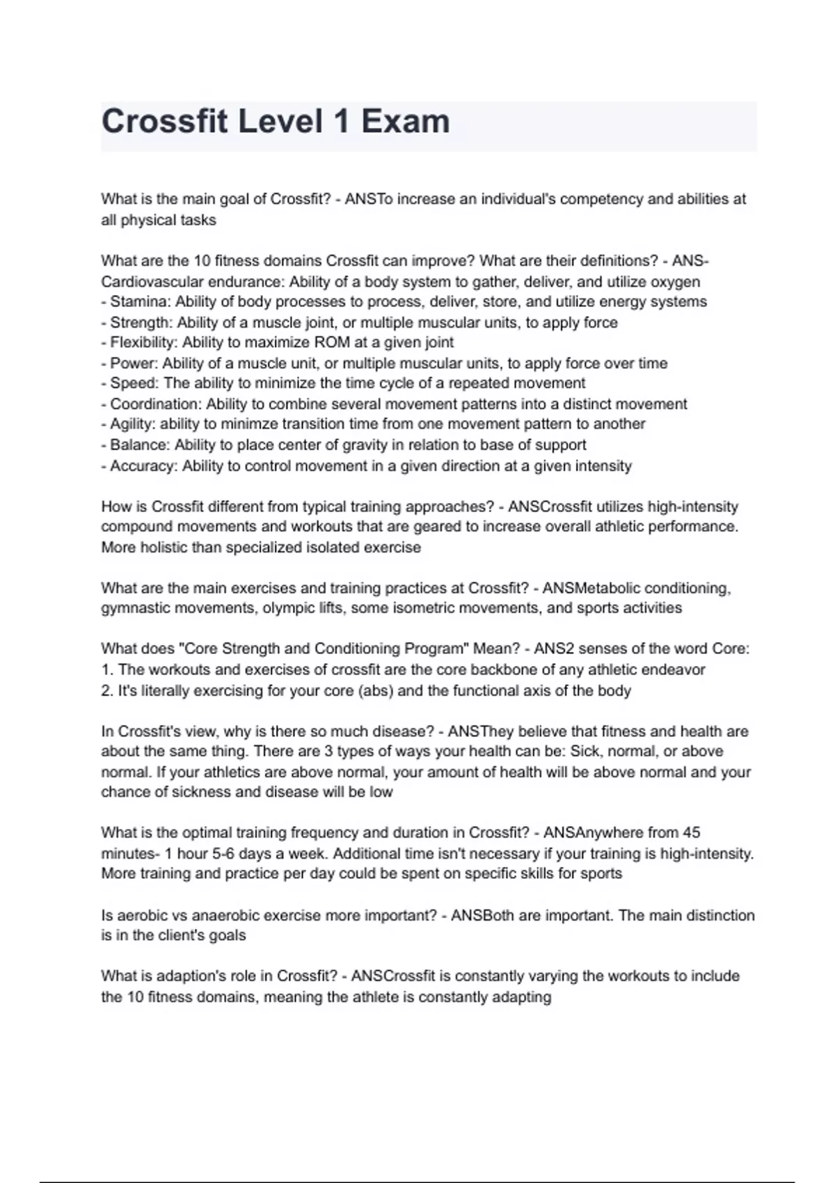 Crossfit L1 Exam Questions with All verified Answers(100% verified) A ...