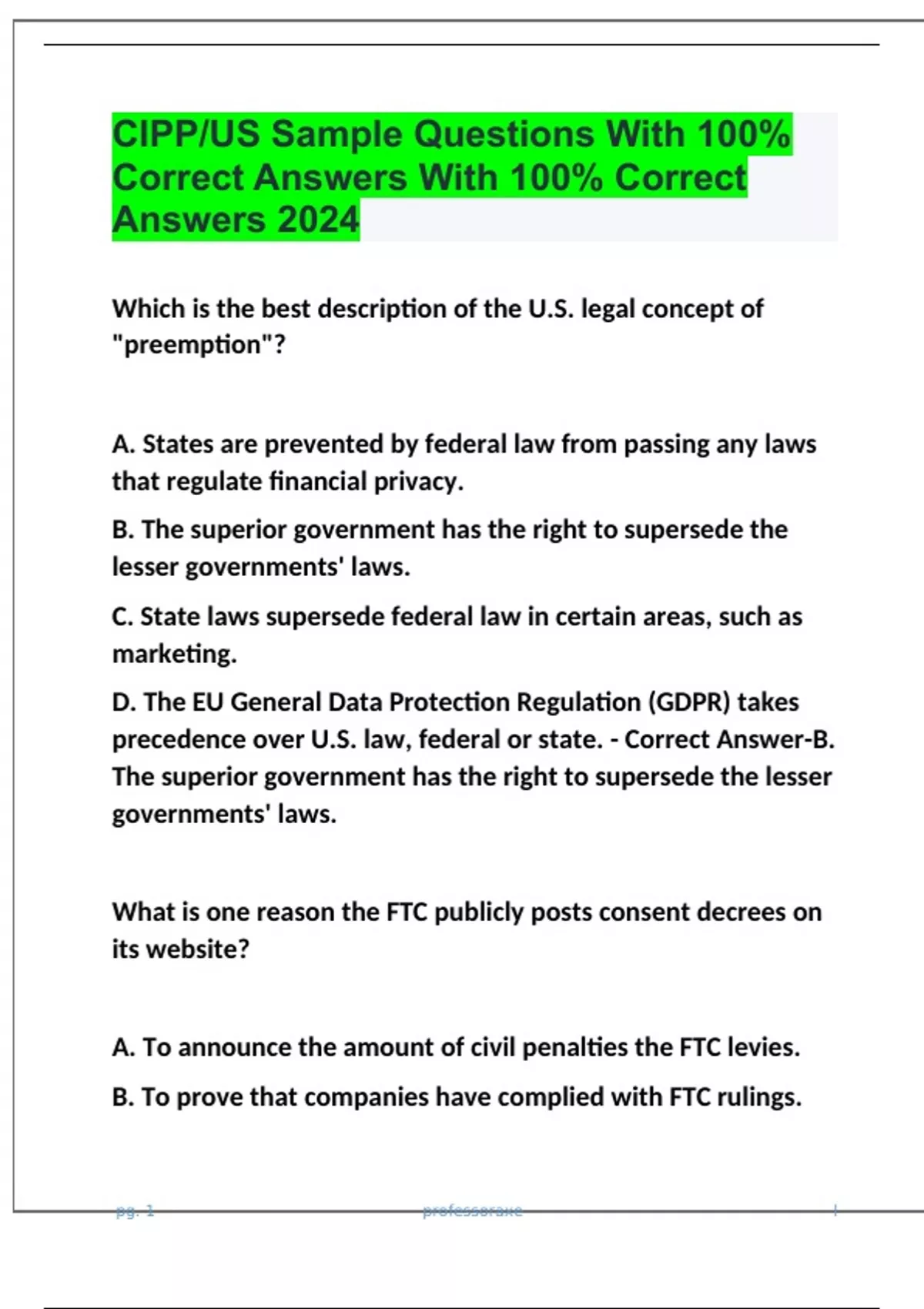 CIPP/US Sample Questions With 100% Correct Answers With 100% Correct ...