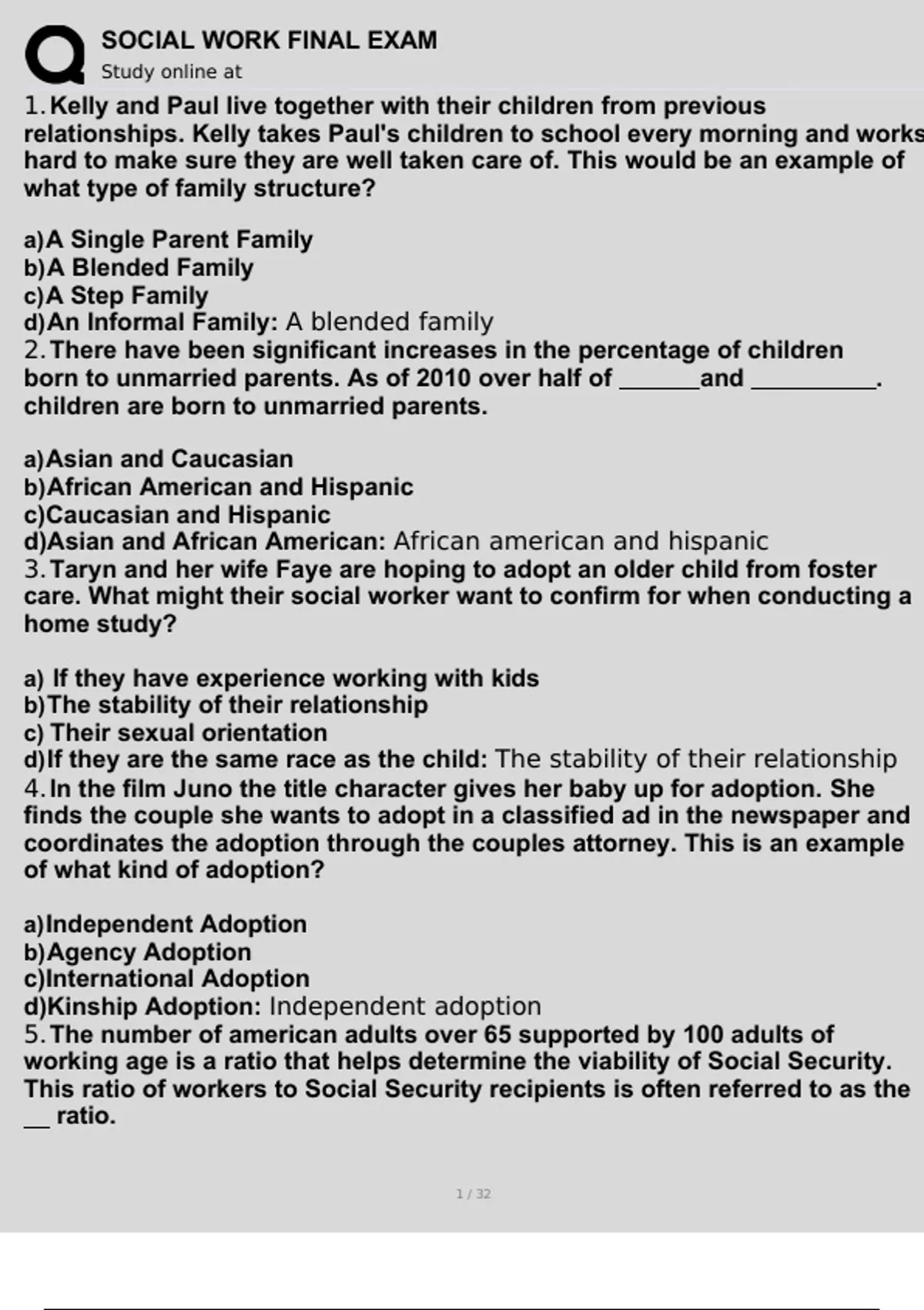 Social work Final Exam All Possible Questions and Answers 2024 Solved ...