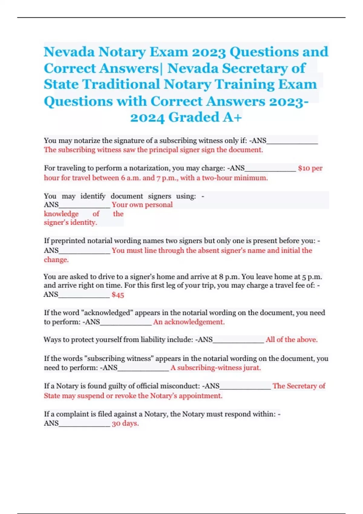 Nevada Notary Exam 2023 Questions and Correct Answers| Nevada Secretary ...