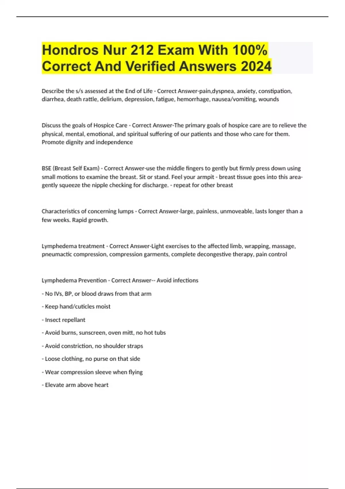 Hondros Nur 212 Exam With 100% Correct And Verified Answers 2024 ...