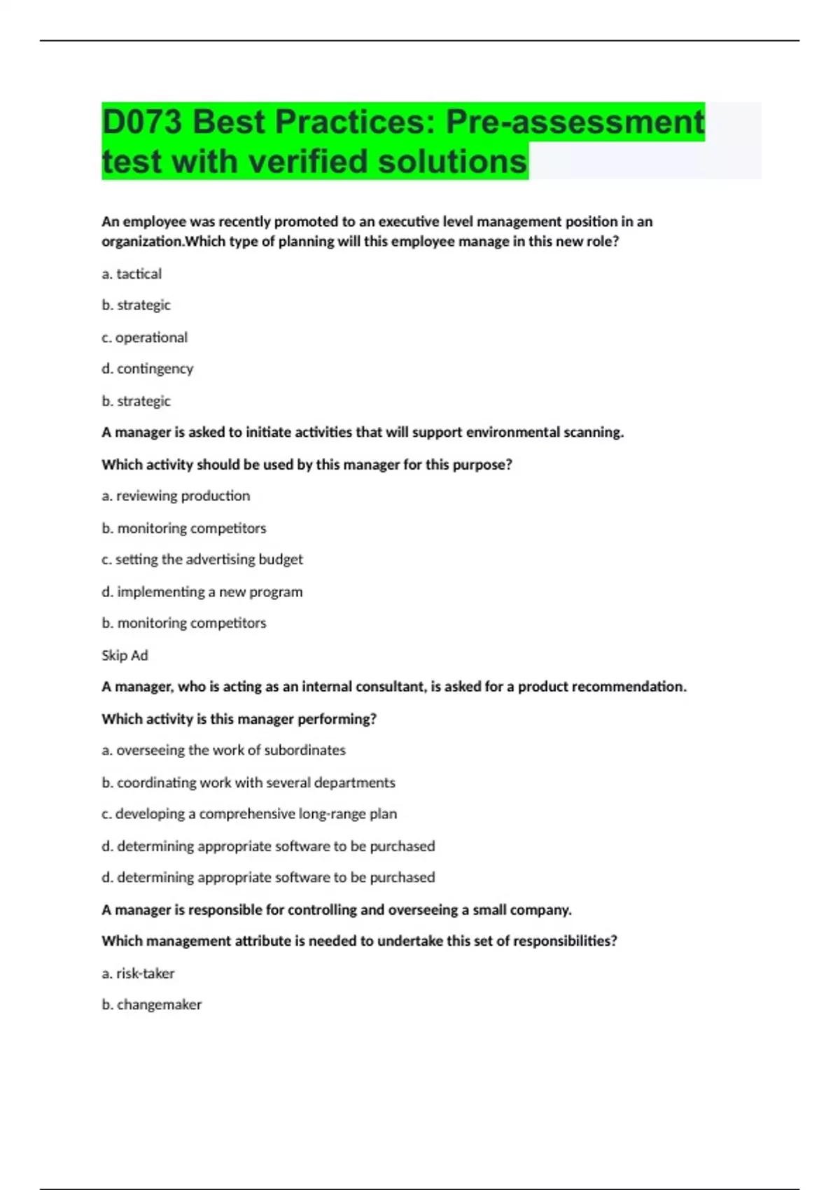 D073 Best Practices Pre-assessment test with verified solutions - WGU ...