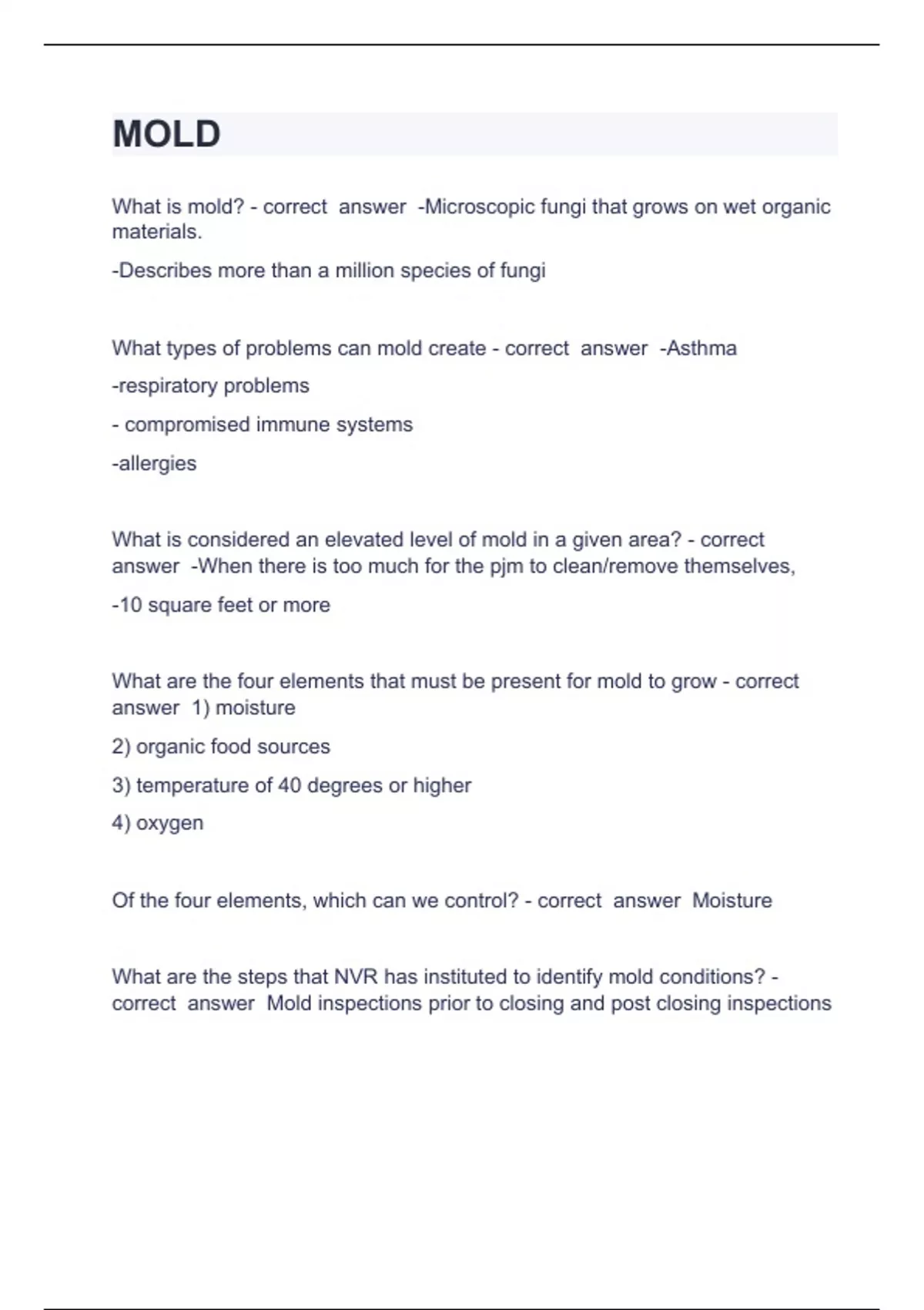 MOLD Question and answers 100% correct 2024 - MOLD - Stuvia US
