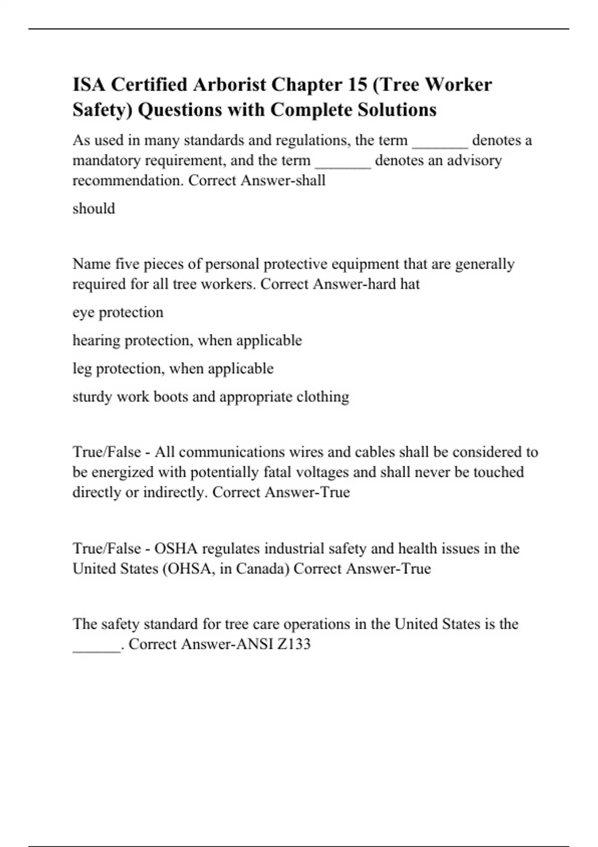 ISA Certified Arborist Chapter 15 (Tree Worker Safety) Questions with ...