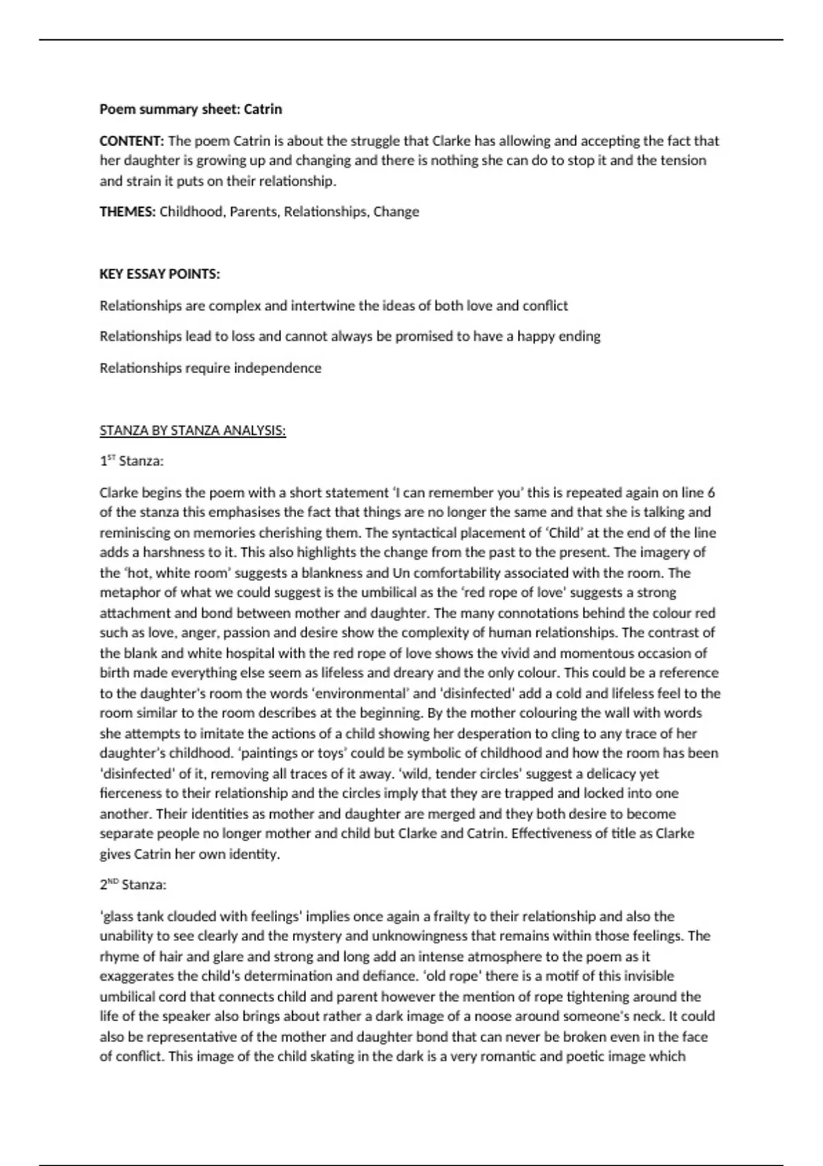 Poem summary sheet - Catrin by Gillian Clarke - Gillian Clarke - Stuvia UK