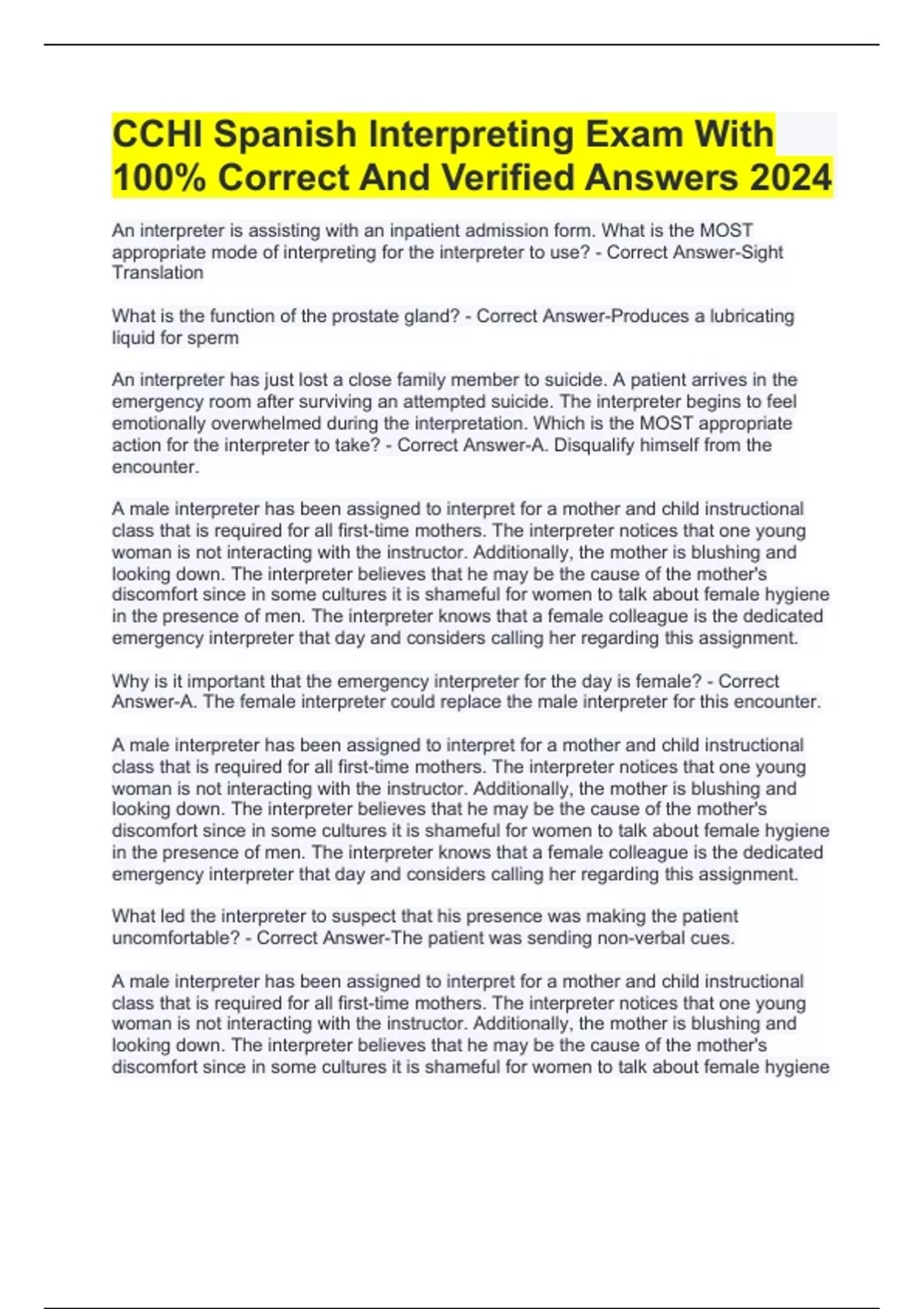 CCHI Spanish Interpreting Exam With 100% Correct And Verified Answers ...