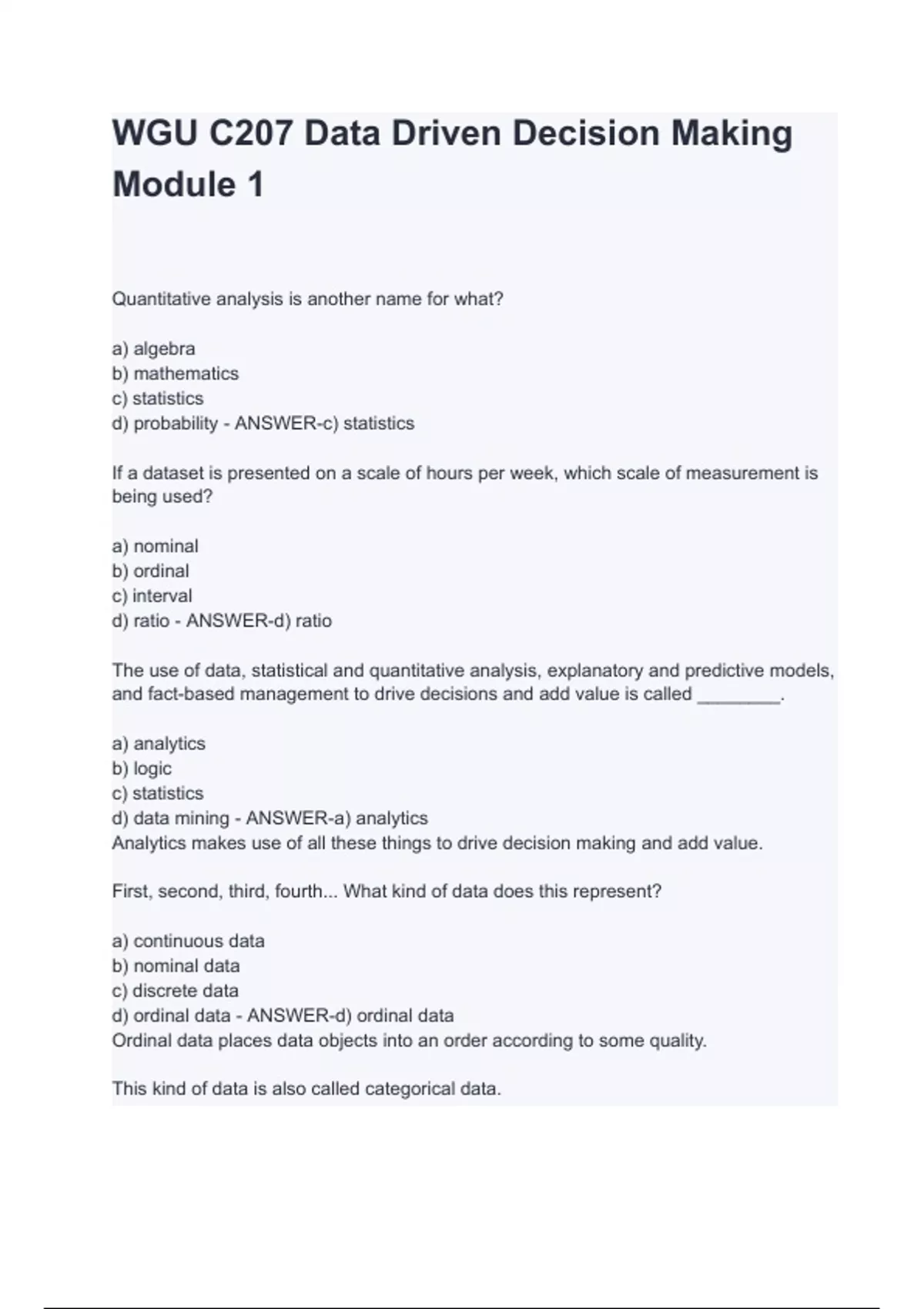WGU C207 Data Driven Decision Making Module 1 Questions and Answers ...