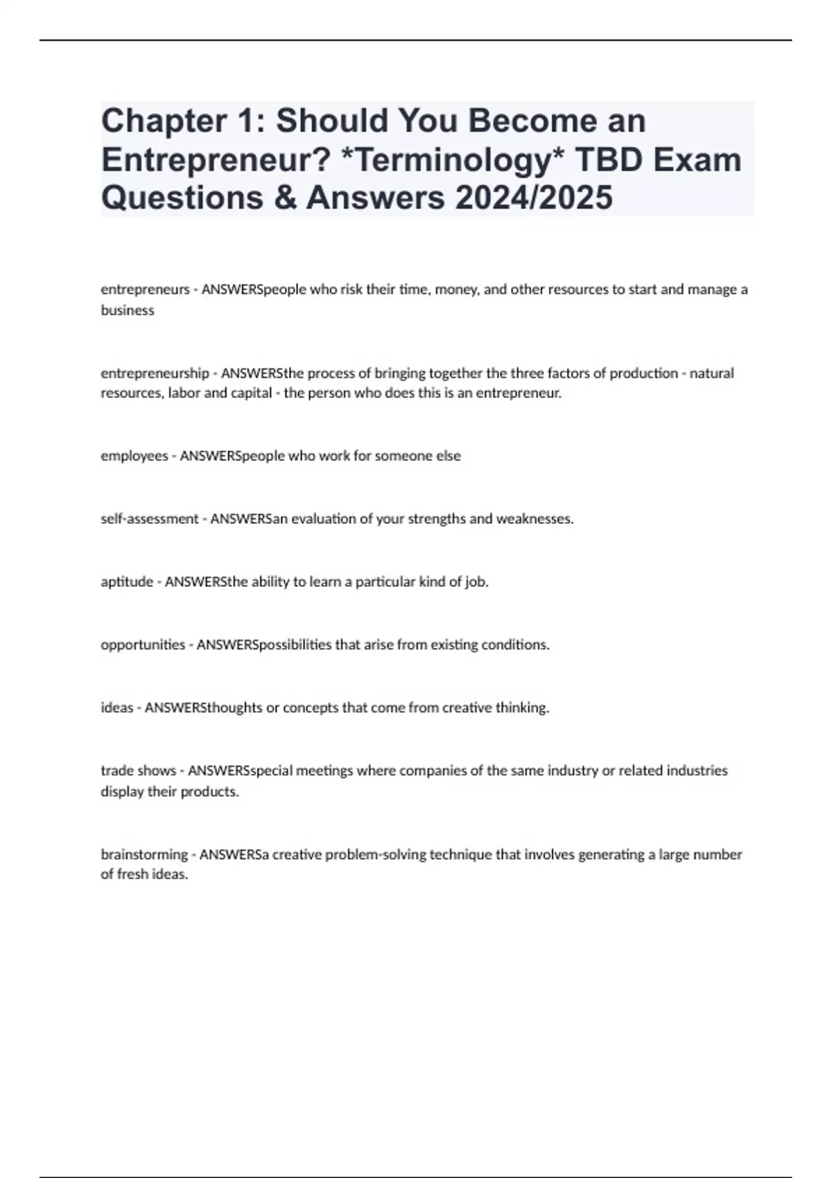 Chapter 1: Should You Become an Entrepreneur? *Terminology* TBD Exam ...