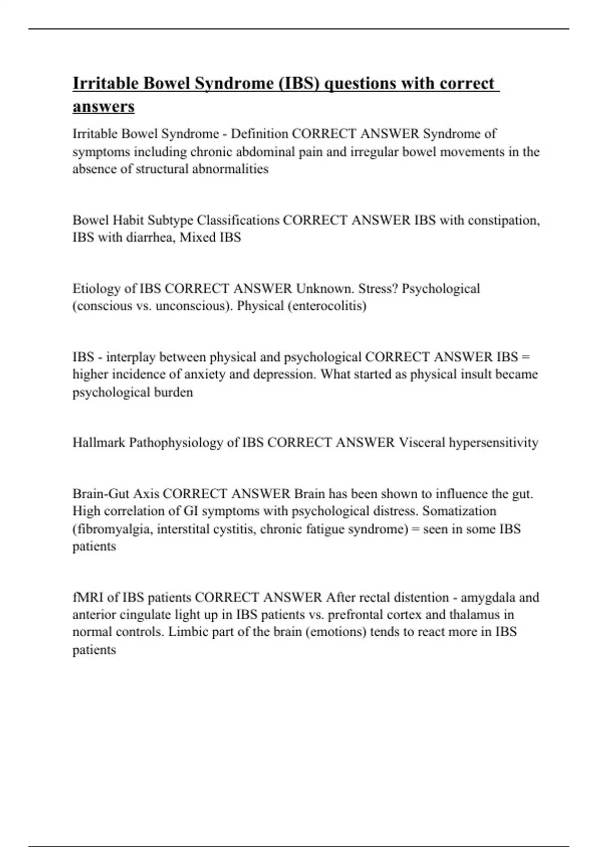 Irritable Bowel Syndrome (IBS) questions with correct answers ...