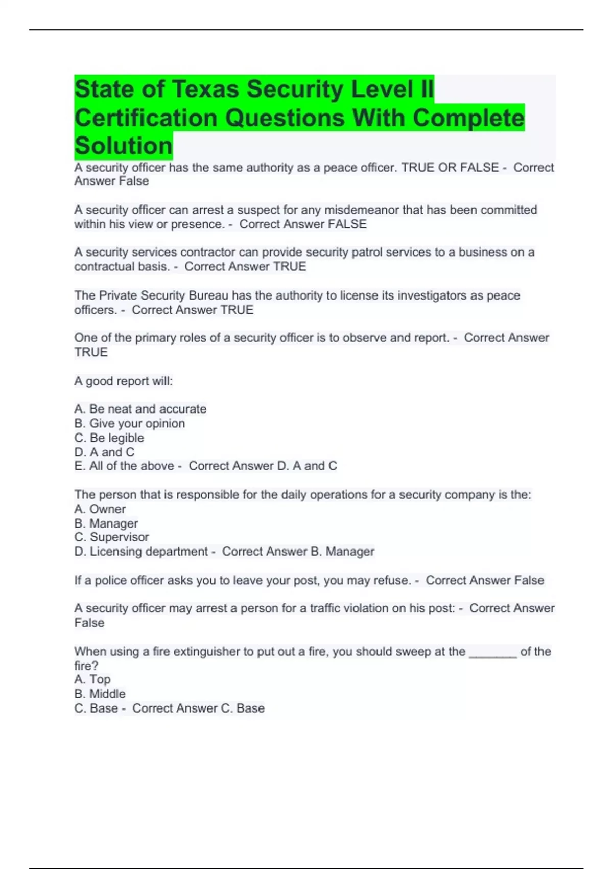 Texas Level 3 (Commissioned) Security Guard Test Review Questions and ...