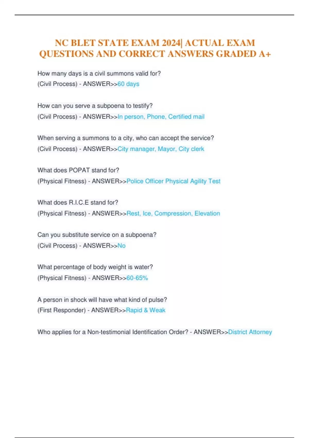 NC BLET STATE EXAM 2024| ACTUAL EXAM QUESTIONS AND CORRECT ANSWERS ...