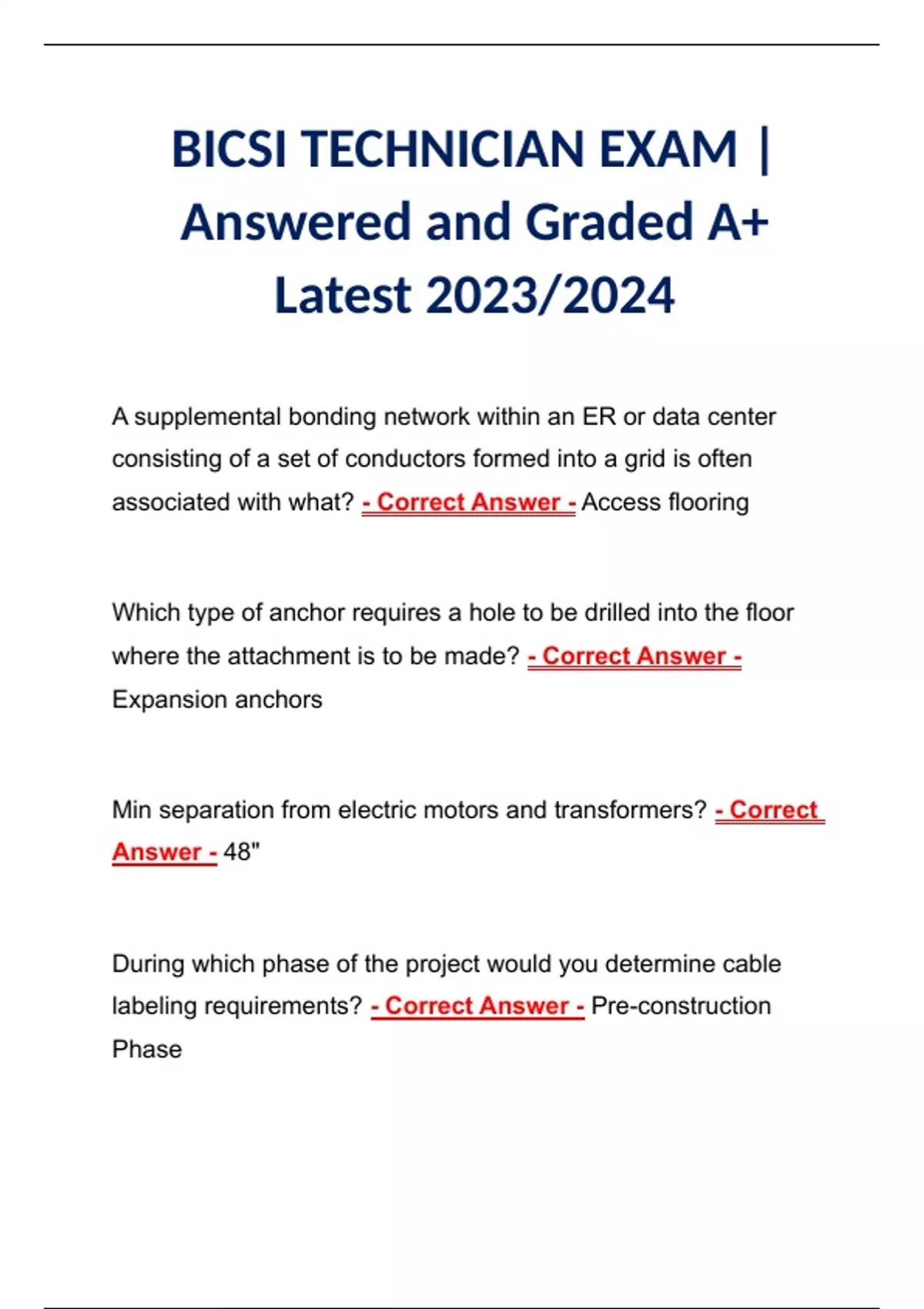 BUNDLE for BICSI Installer 1 & 2 Exam Study Guide | Latest 2024 - Stuvia US