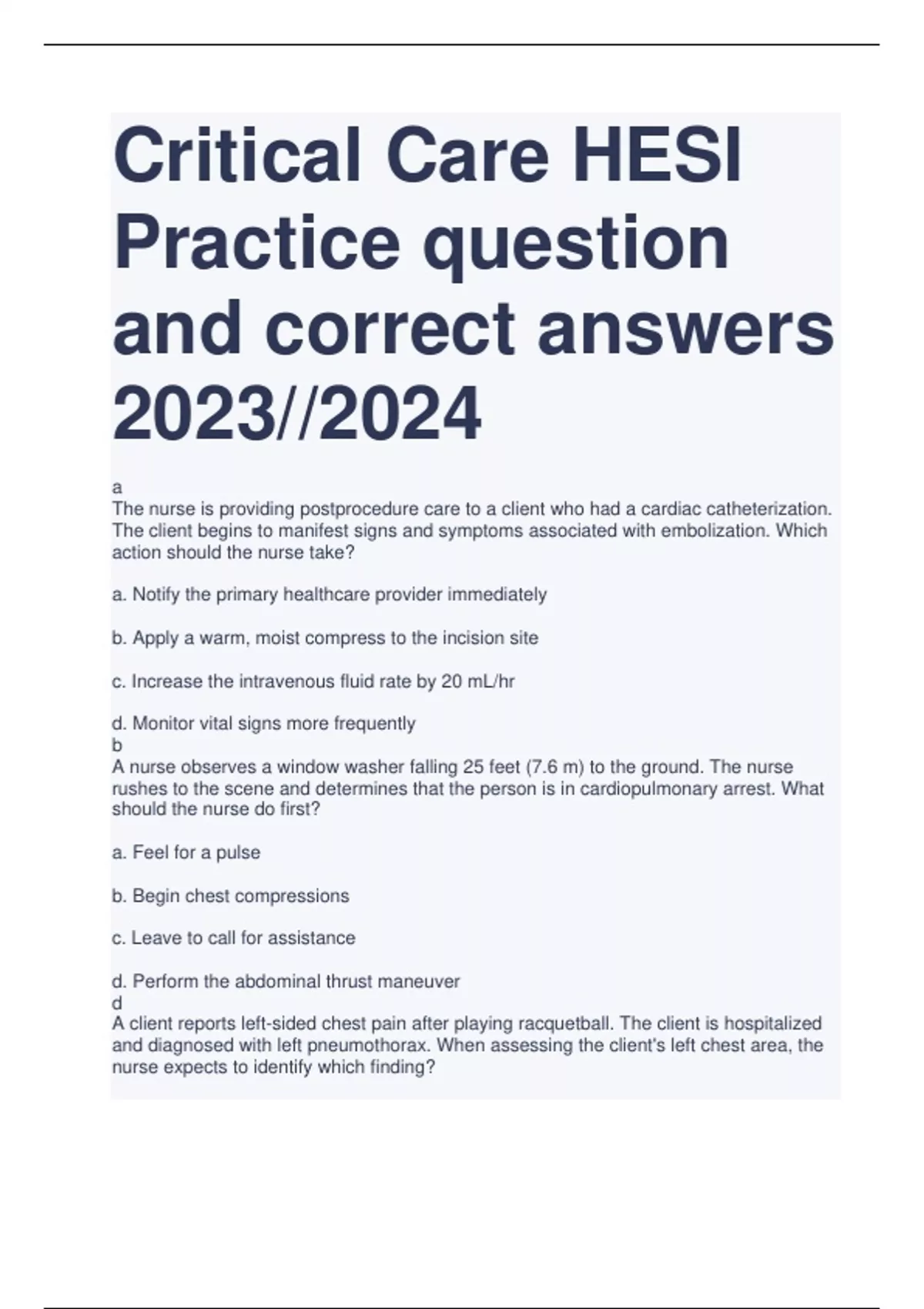 Critical Care HESI Practice question and correct answers 2023//2024 ...
