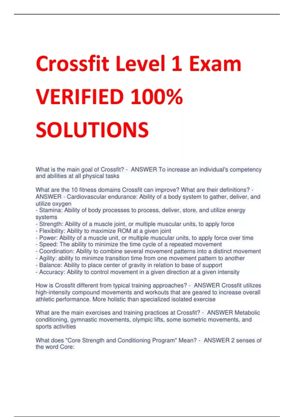 Crossfit Level 1 Exam VERIFIED 100% SOLUTIONS - Crossfit Level 1 ...