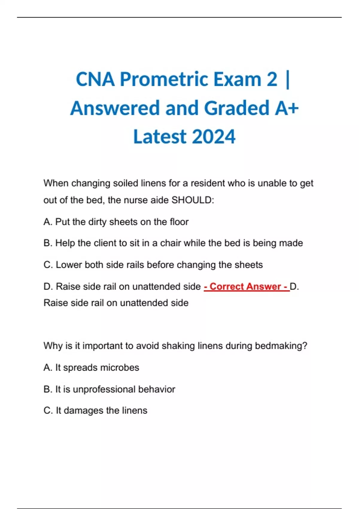 CNA Prometric Exam 2 | Answered and Graded A+ Latest 2024 - Prometric ...