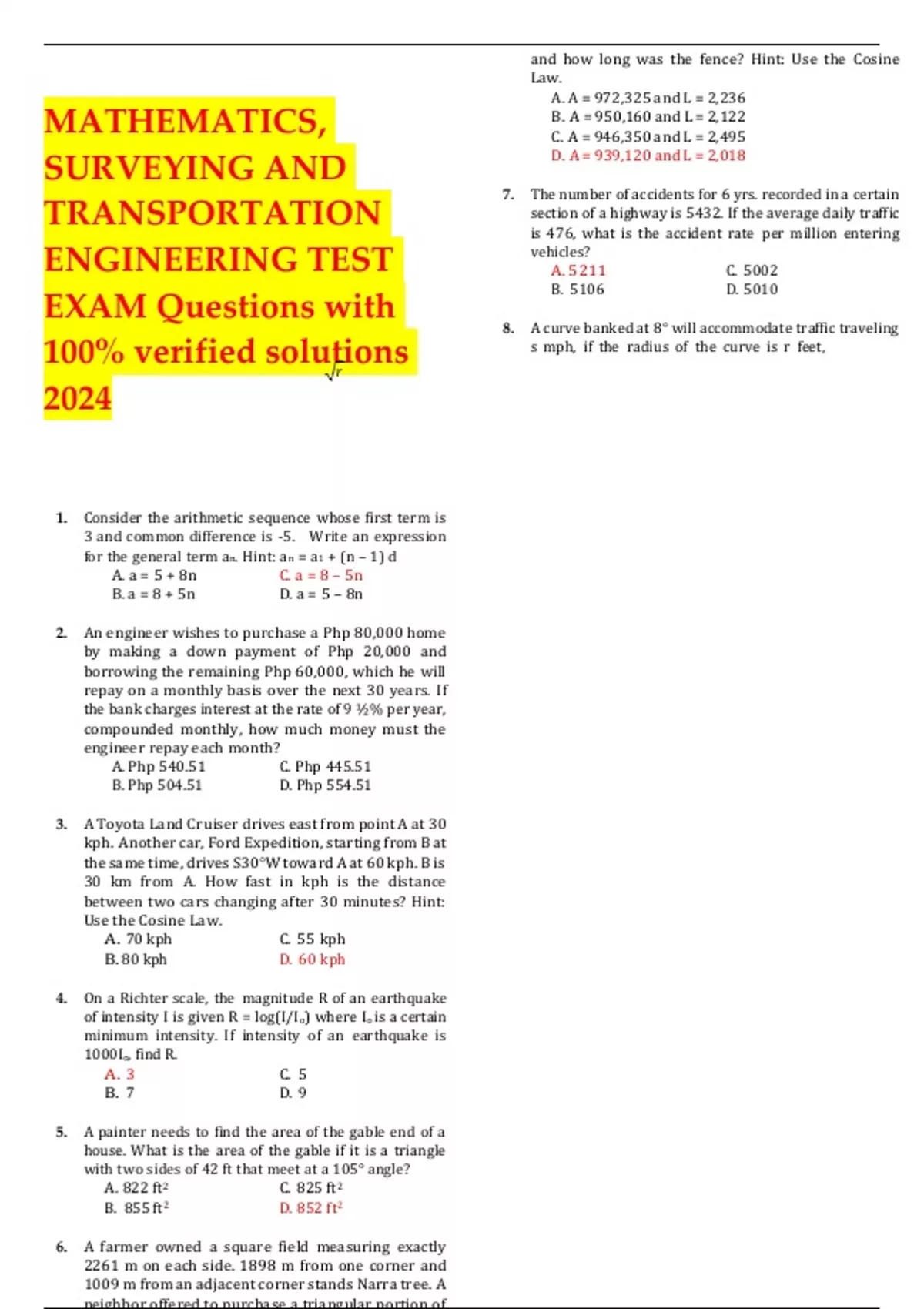 MATHEMATICS, SURVEYING AND TRANSPORTATION ENGINEERING TEST EXAM ...