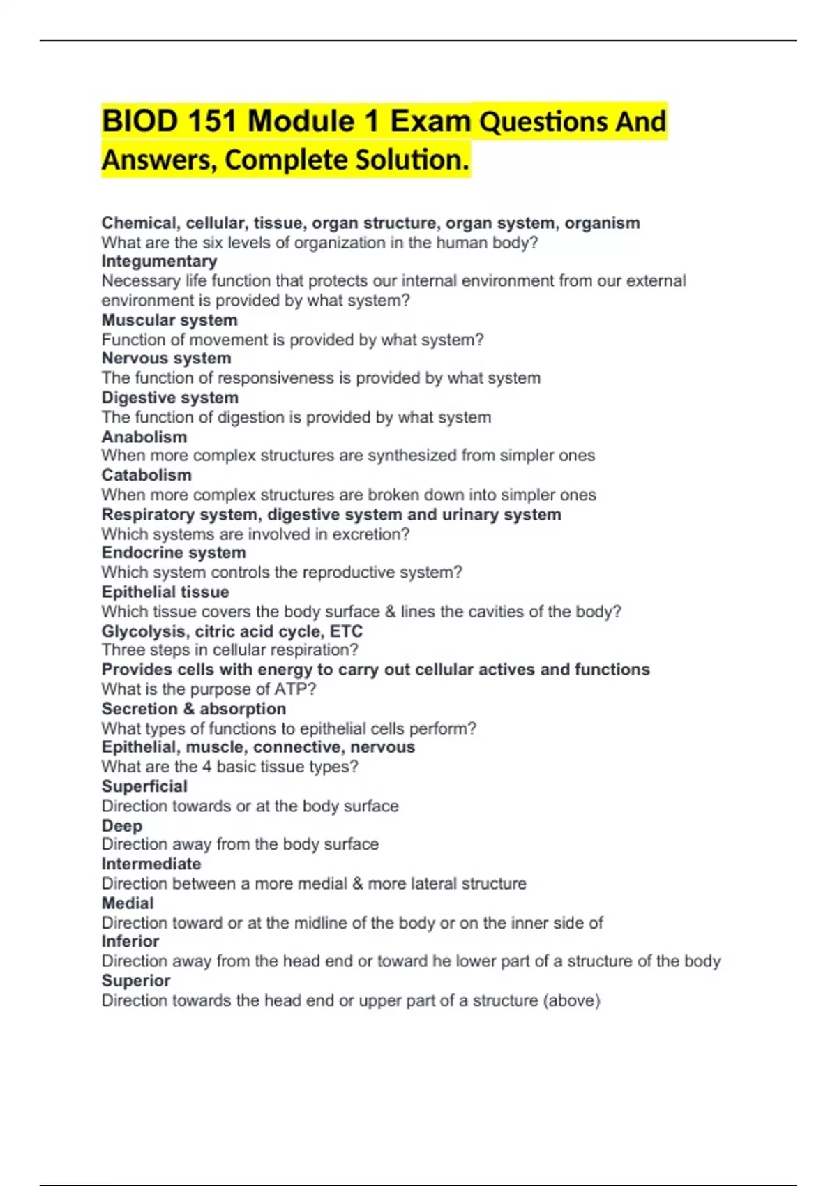 BIOD 151 Module 1 Exam Questions And Answers, Complete Solution - BIOD ...