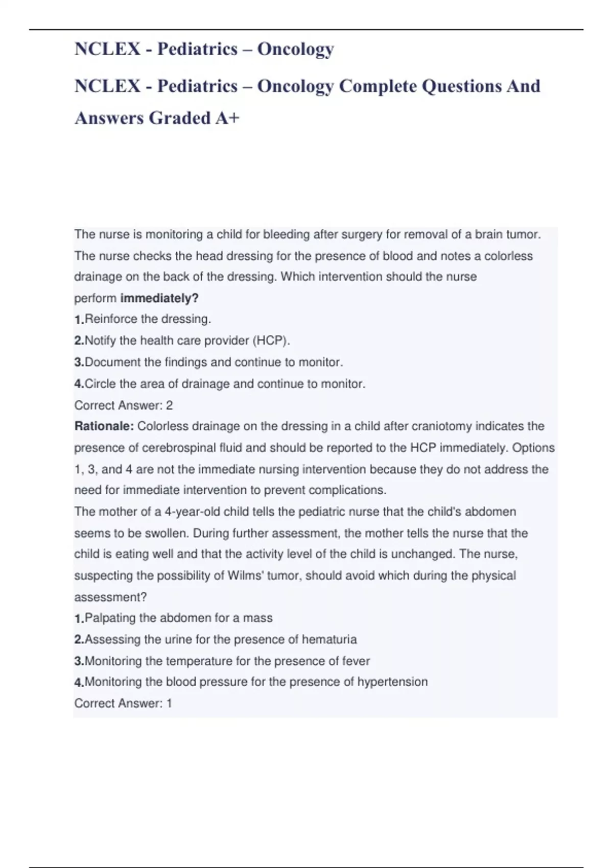 NCLEX - Pediatrics – Oncology Complete Questions And Answers Graded A+ ...