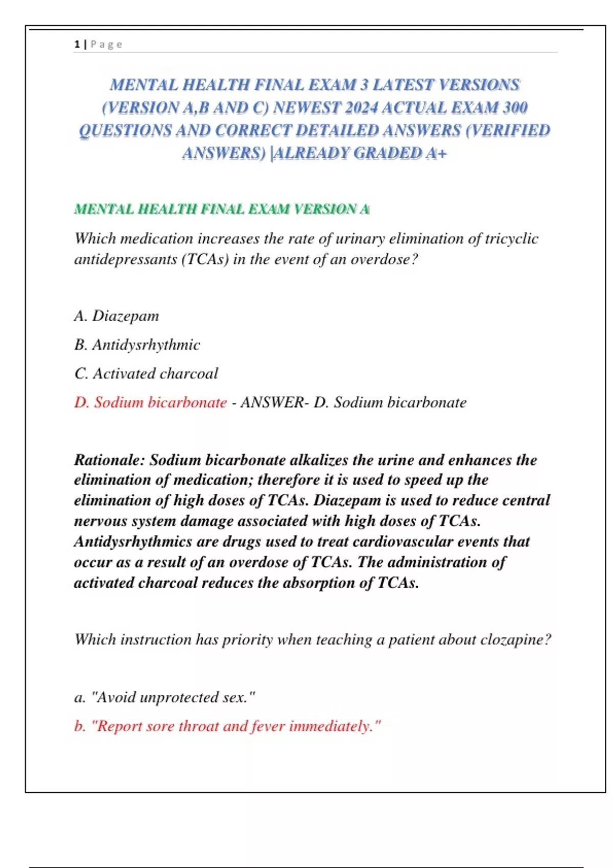 MENTAL HEALTH FINAL EXAM 3 LATEST VERSIONS (VERSION A,B AND C) NEWEST ...