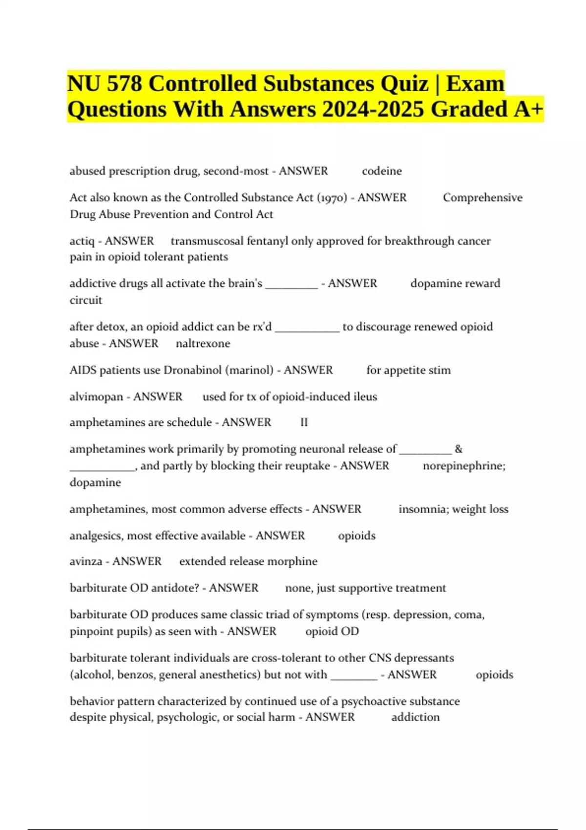 NU 578 Controlled Substances Quiz | Exam Questions With Answers & NU ...