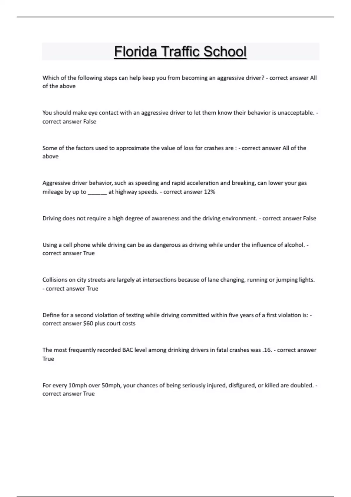 Florida Traffic School Questions and answers latest update 2024 ...