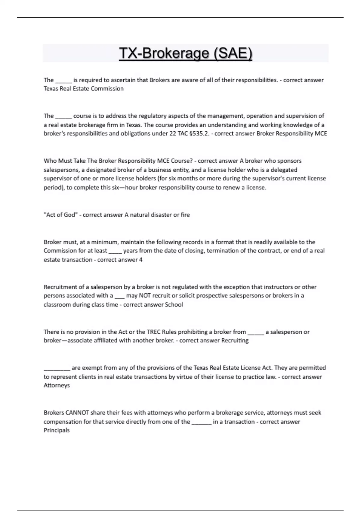 TX-Brokerage (SAE) Questions and answers latest update 2024 - Texas sae ...