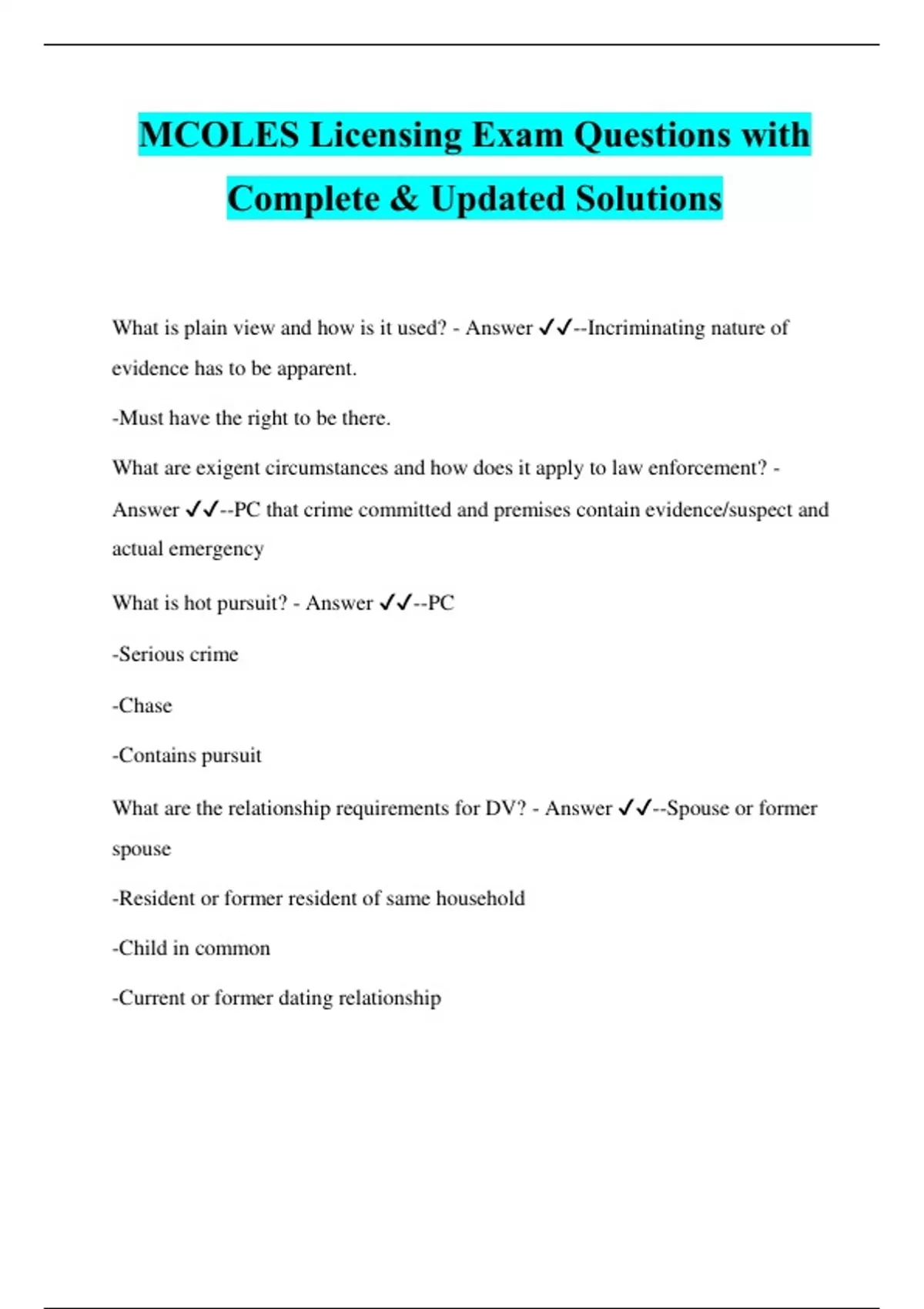 MCOLES Licensing Exam Questions with Complete & Updated Solutions ...
