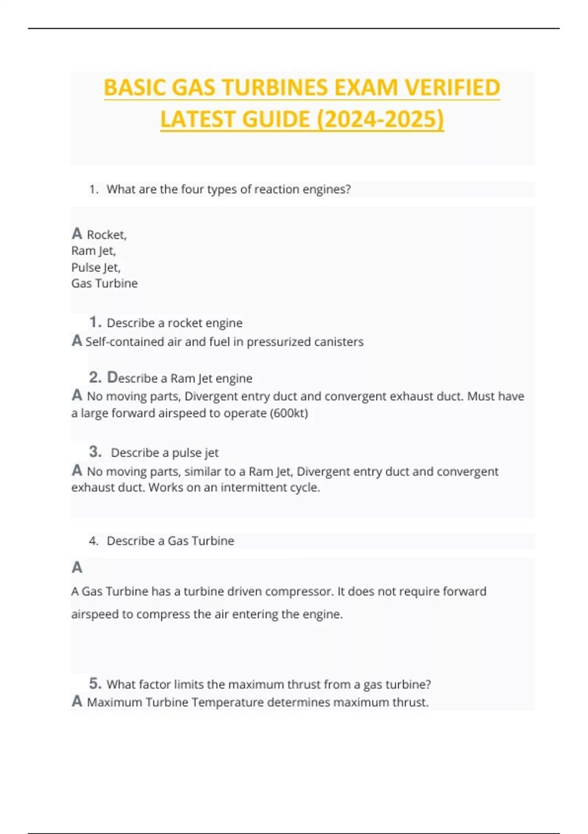 BASIC GAS TURBINES EXAM VERIFIED LATEST GUIDE () - GAS TURBINES - Stuvia US