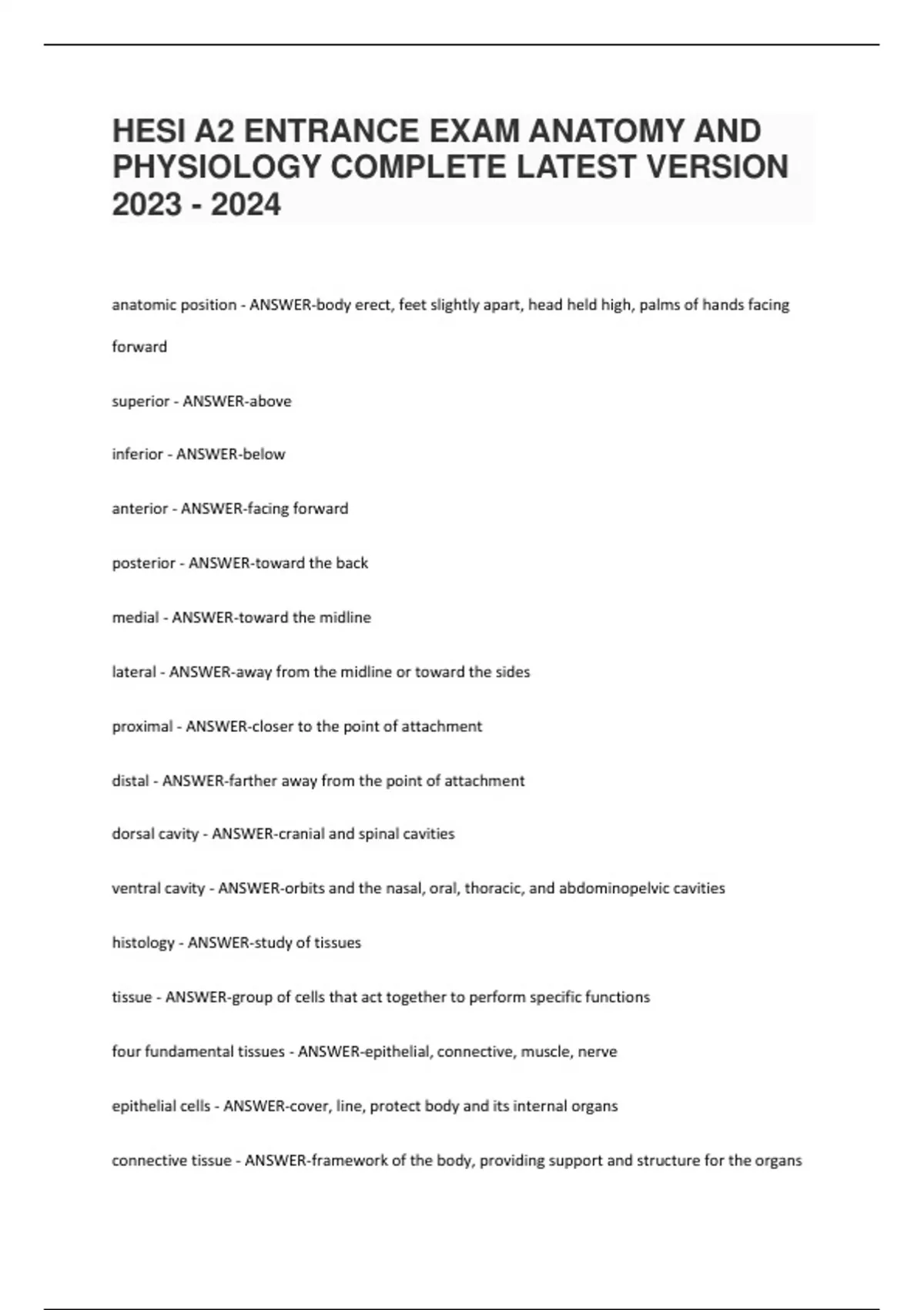 HESI A2 ENTRANCE EXAM ANATOMY AND PHYSIOLOGY COMPLETE LATEST VERSION ...