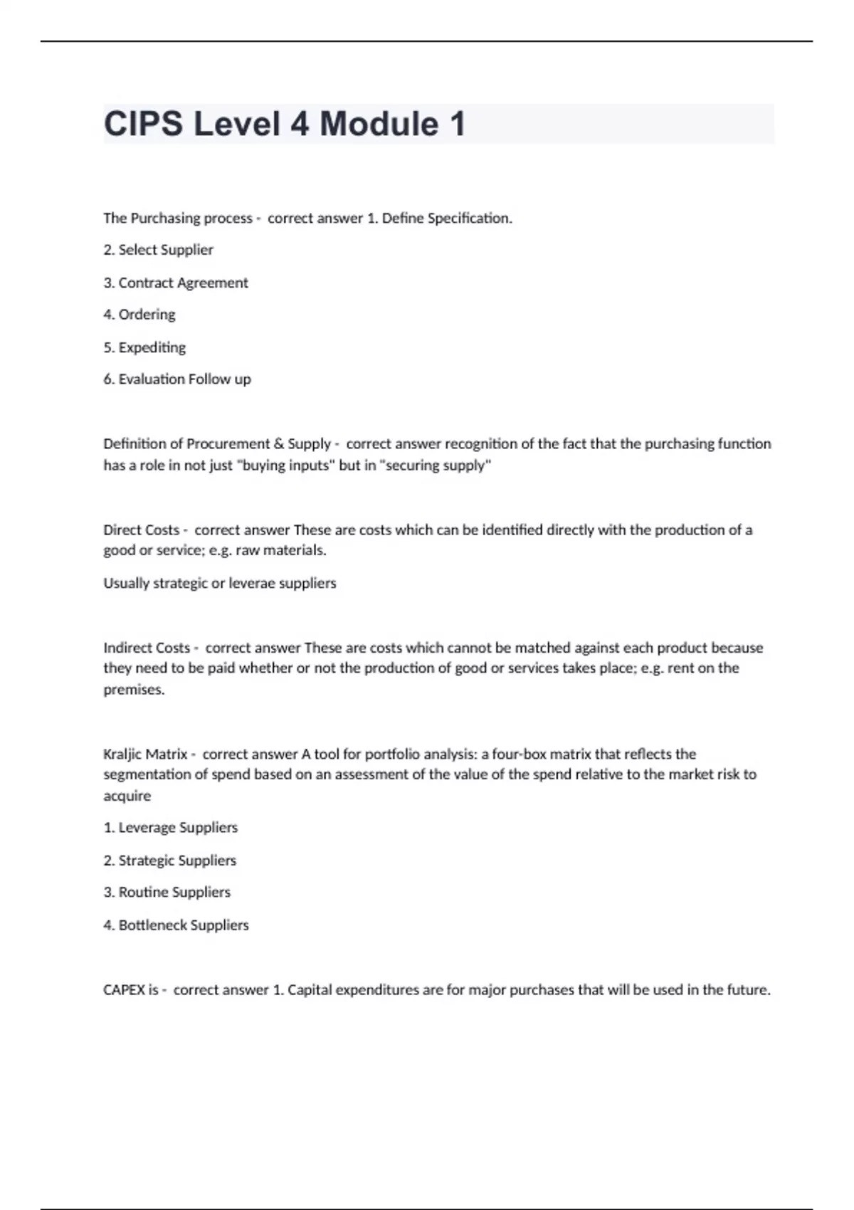 CIPS Level 4 Module 1 questions and answers 2024/2025 - CIPS - Stuvia US