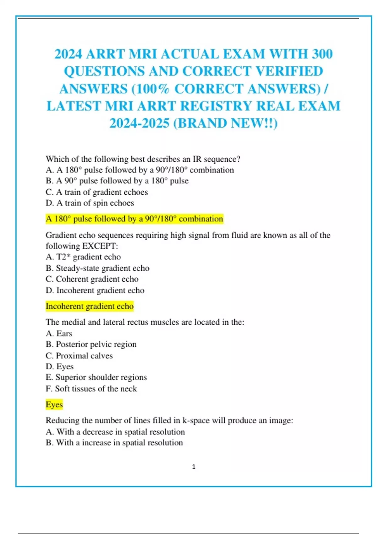 2024 ARRT MRI ACTUAL EXAM WITH 300 QUESTIONS AND CORRECT VERIFIED ANSWERS (100% CORRECT ANSWERS ...