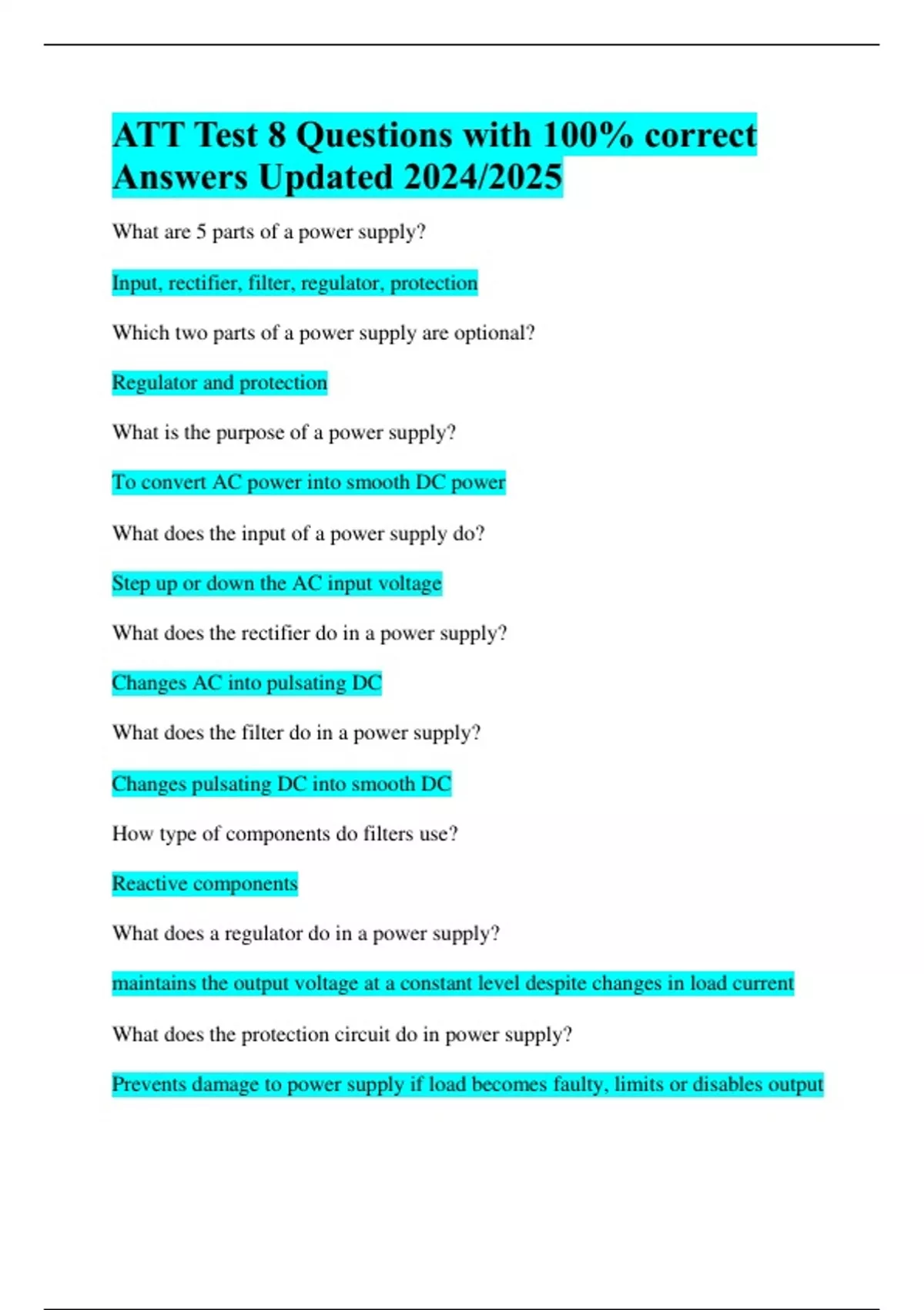 ATT Test 8 Questions with 100% correct Answers Updated 2024/2025 - ATT ...