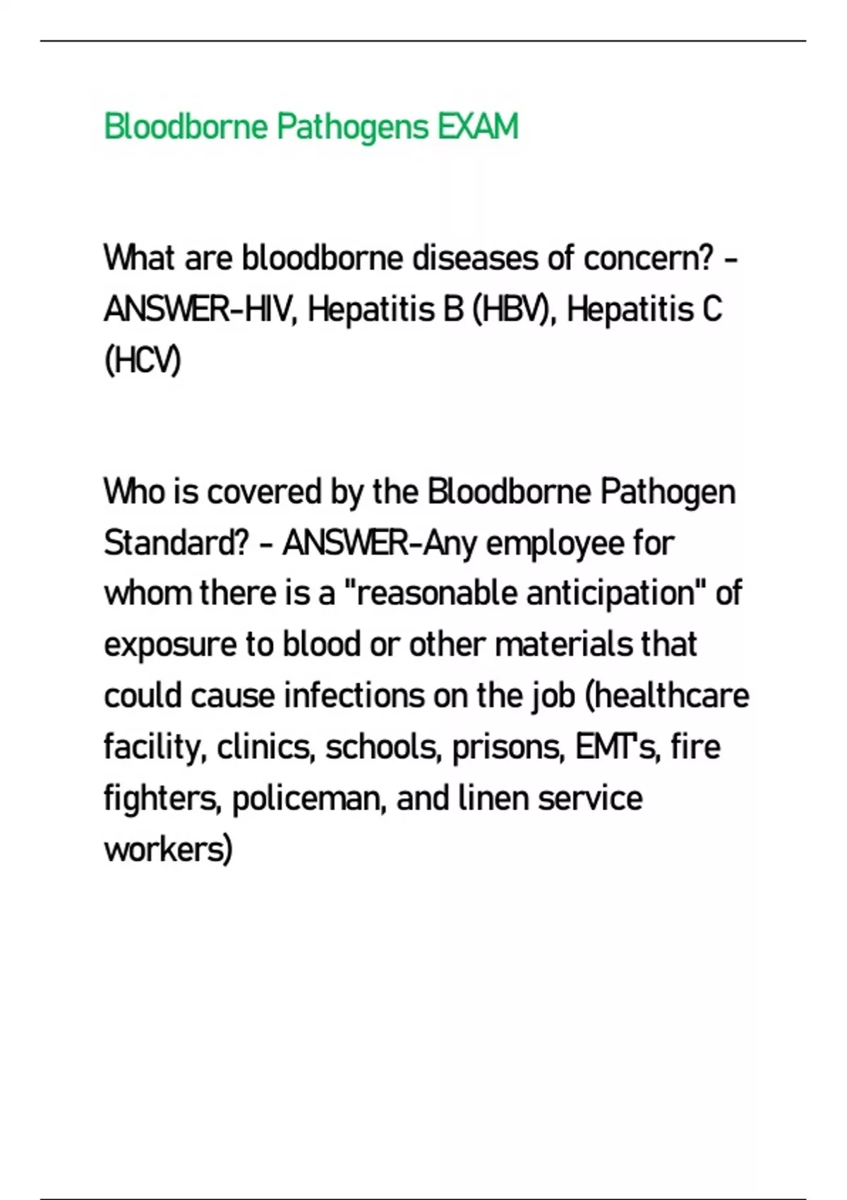 Bloodborne Pathogens EXAM - Bloodborne Pathogens - Stuvia US