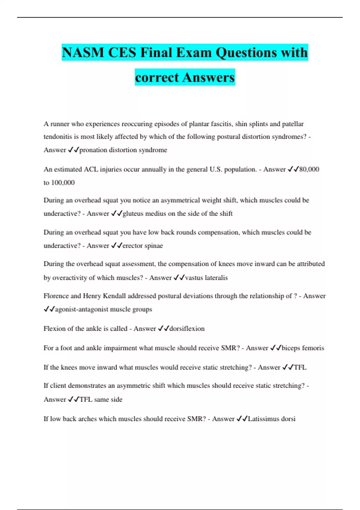 NASM CES Final Exam Questions with correct Answers - NASM CES - Stuvia US