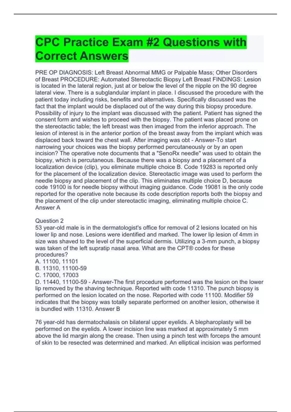 CPC Practice Exam #2 Questions with Correct Answers - CPC - Stuvia US