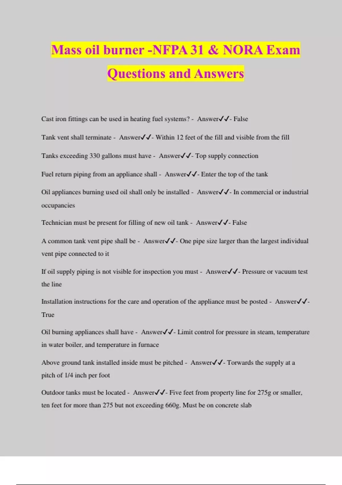 Mass oil burner -NFPA 31 & NORA Exam Questions and Answers - Oil Burner ...