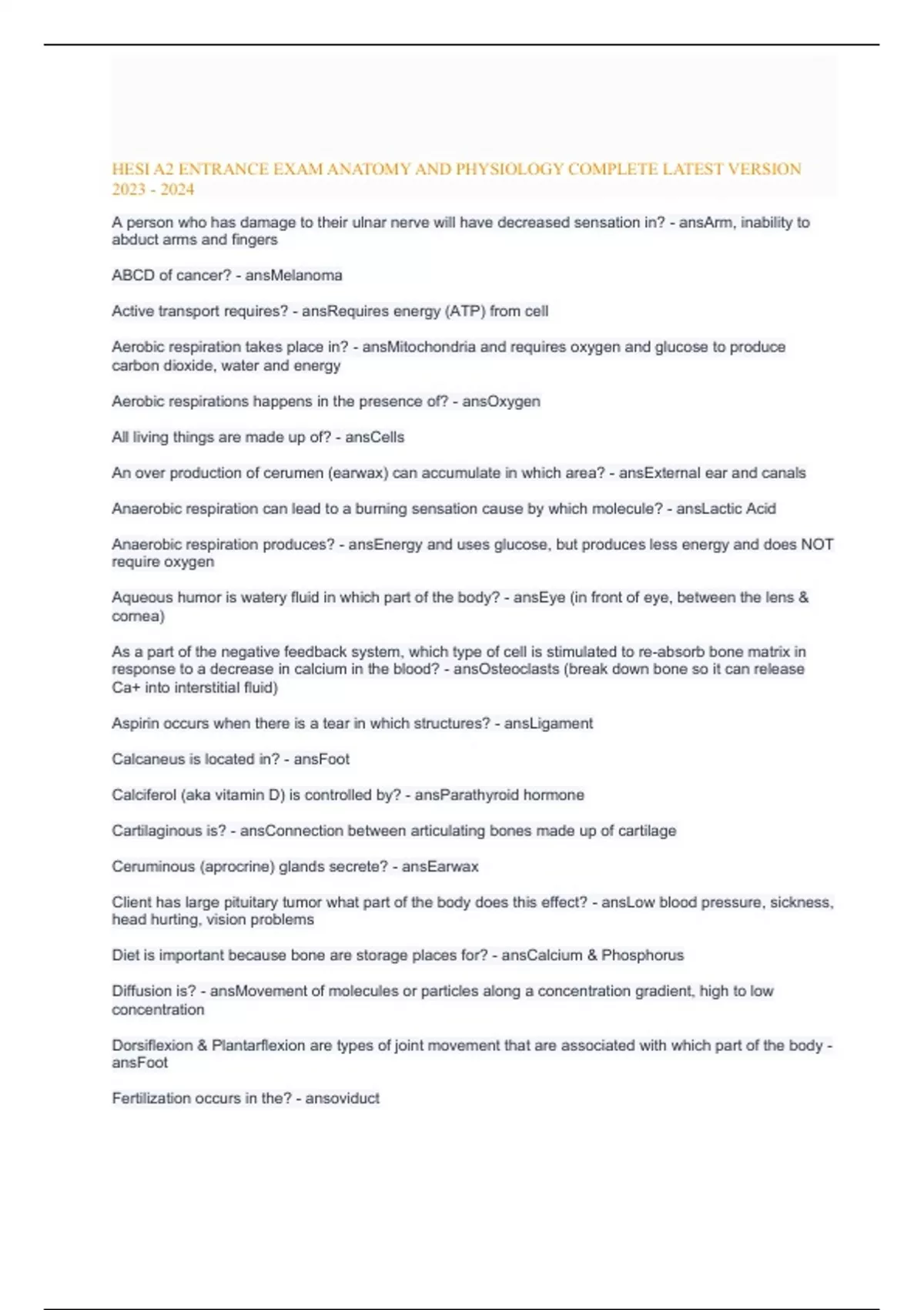 HESI A2 ENTRANCE EXAM ANATOMY AND PHYSIOLOGY COMPLETE LATEST VERSION ...