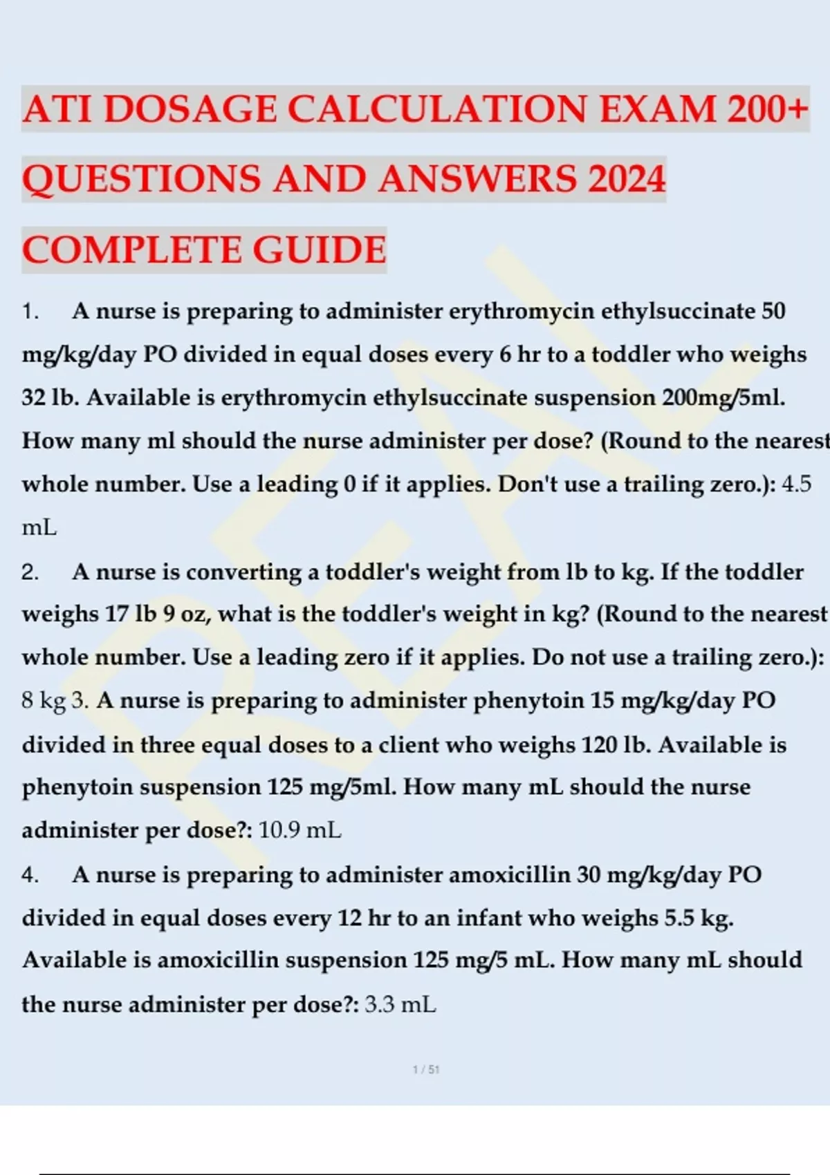 ATI DOSAGE CALCULATION EXAM 200+ QUESTIONS AND ANSWERS 2024 COMPLETE ...