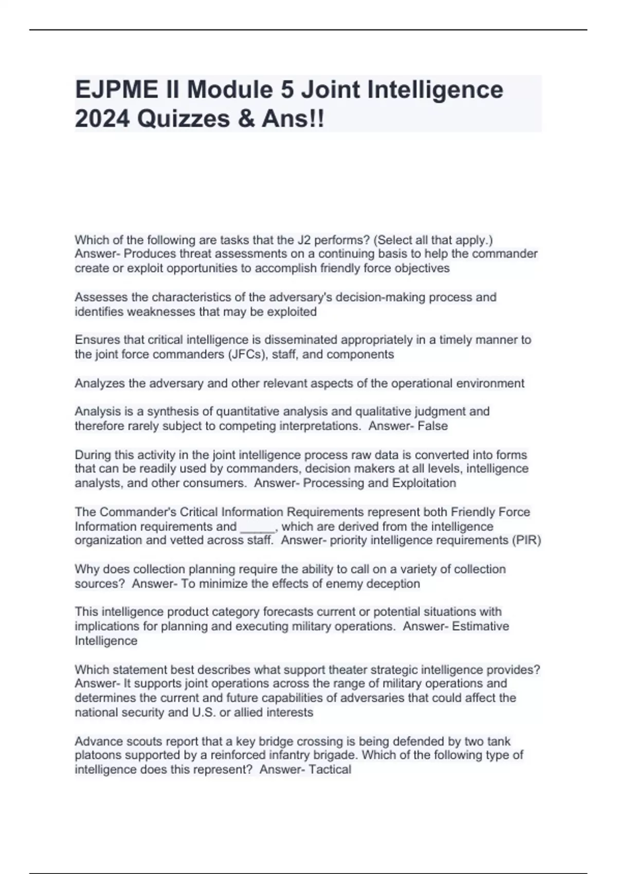 EJPME II Module 5 Joint Intelligence (Pre-Test) 2024 Quizzes & Ans ...