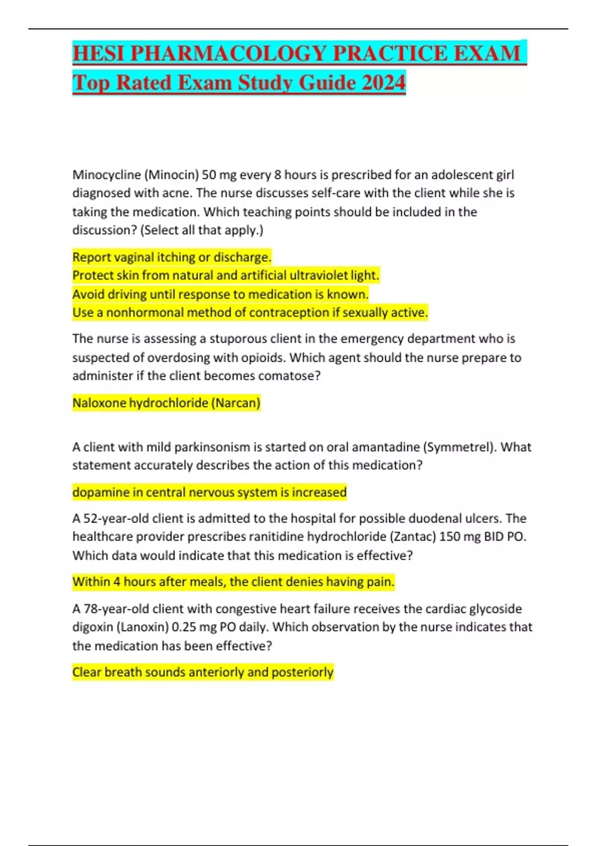 HESI PHARMACOLOGY PRACTICE EXAM Top Rated Exam Study Guide 2024 ...