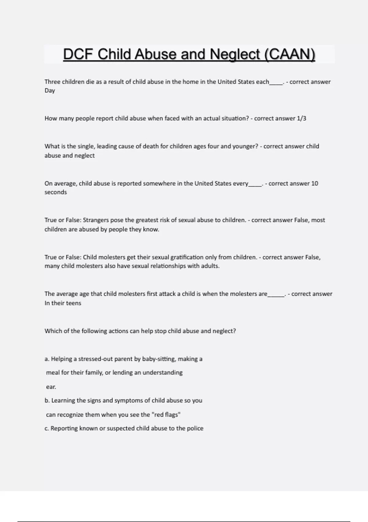 DCF Child Abuse and Neglect (CAAN) Questions and answers latest update ...