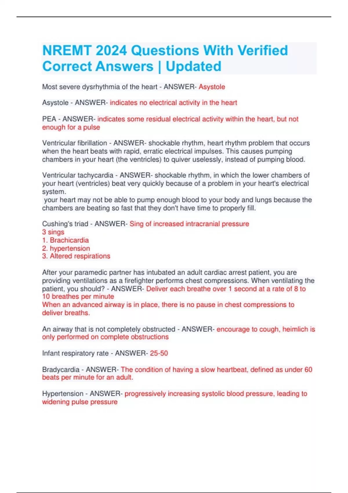 Nremt 2024 Questions With Verified Correct Answers Updated Nremt Stuvia Us