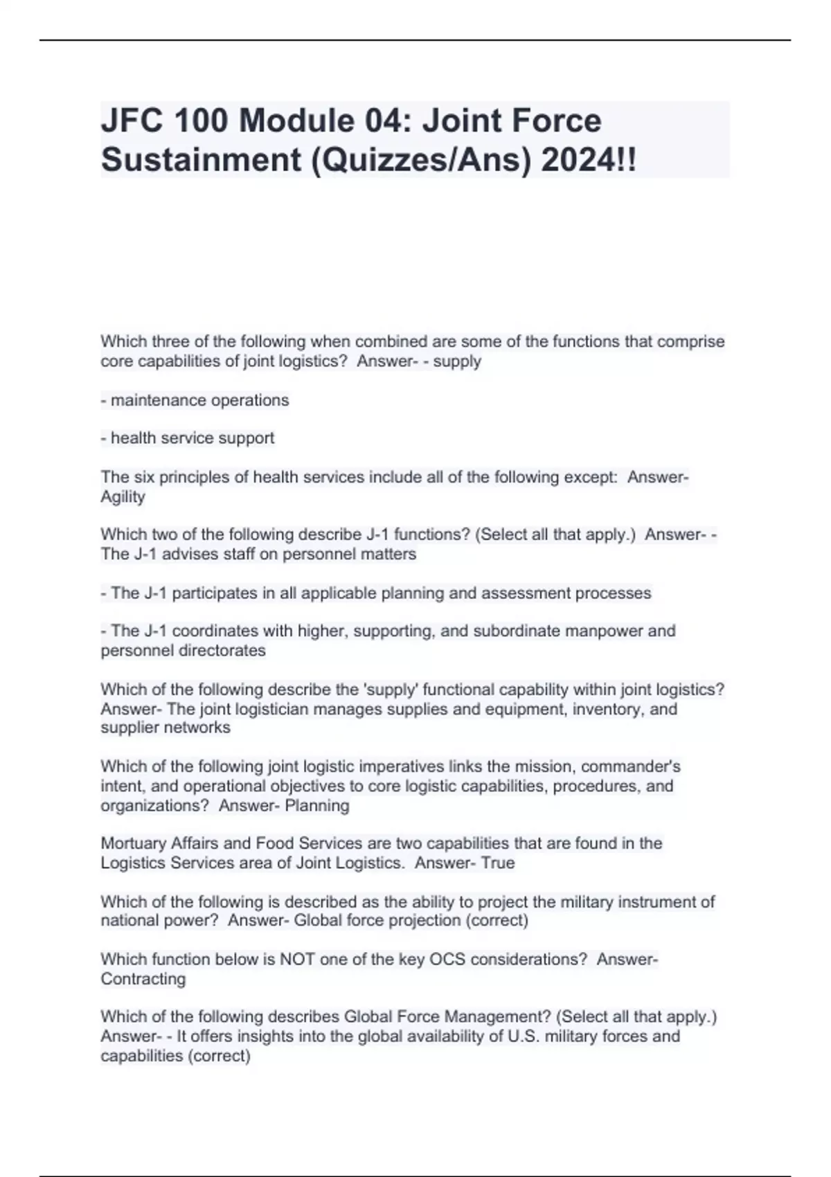 JFC 100 Module 04: Joint Force Sustainment (Quizzes/Ans) 2024!! - JFC 100 - Stuvia US