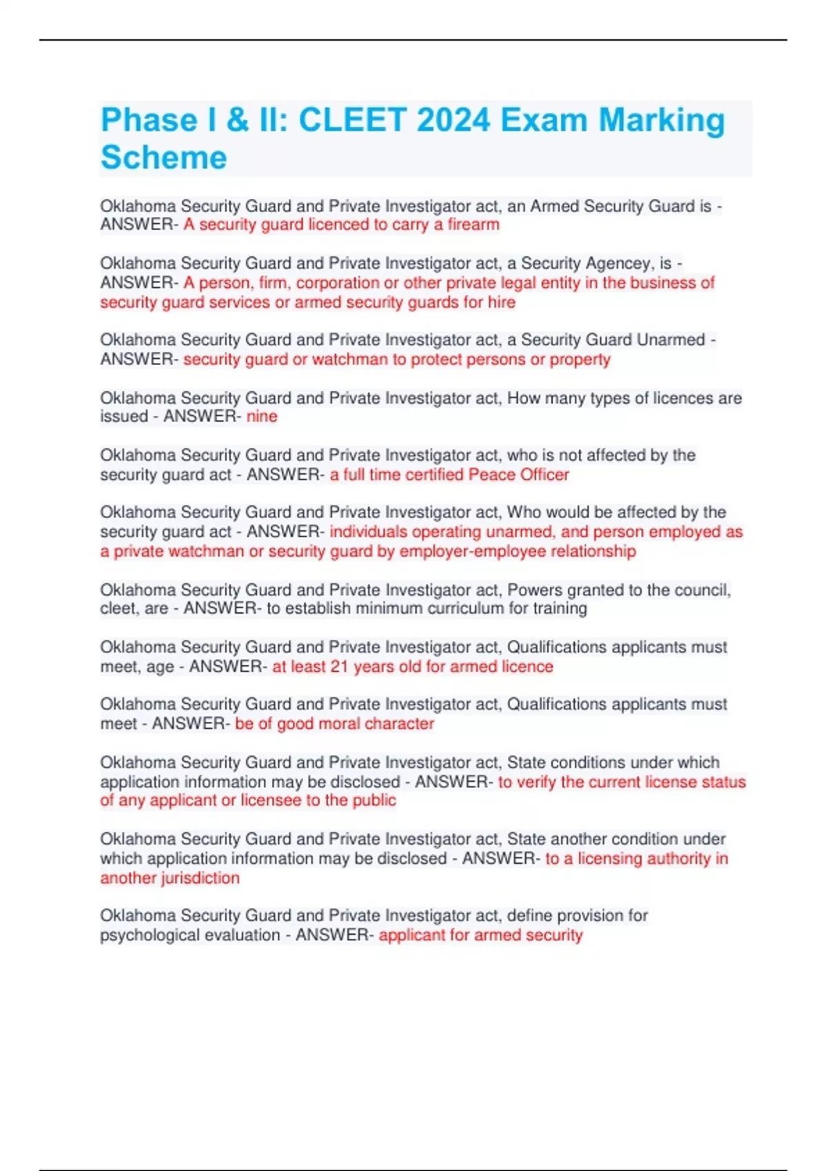 Phase I & II: CLEET 2024 Exam Marking Scheme - CLEET - Stuvia US